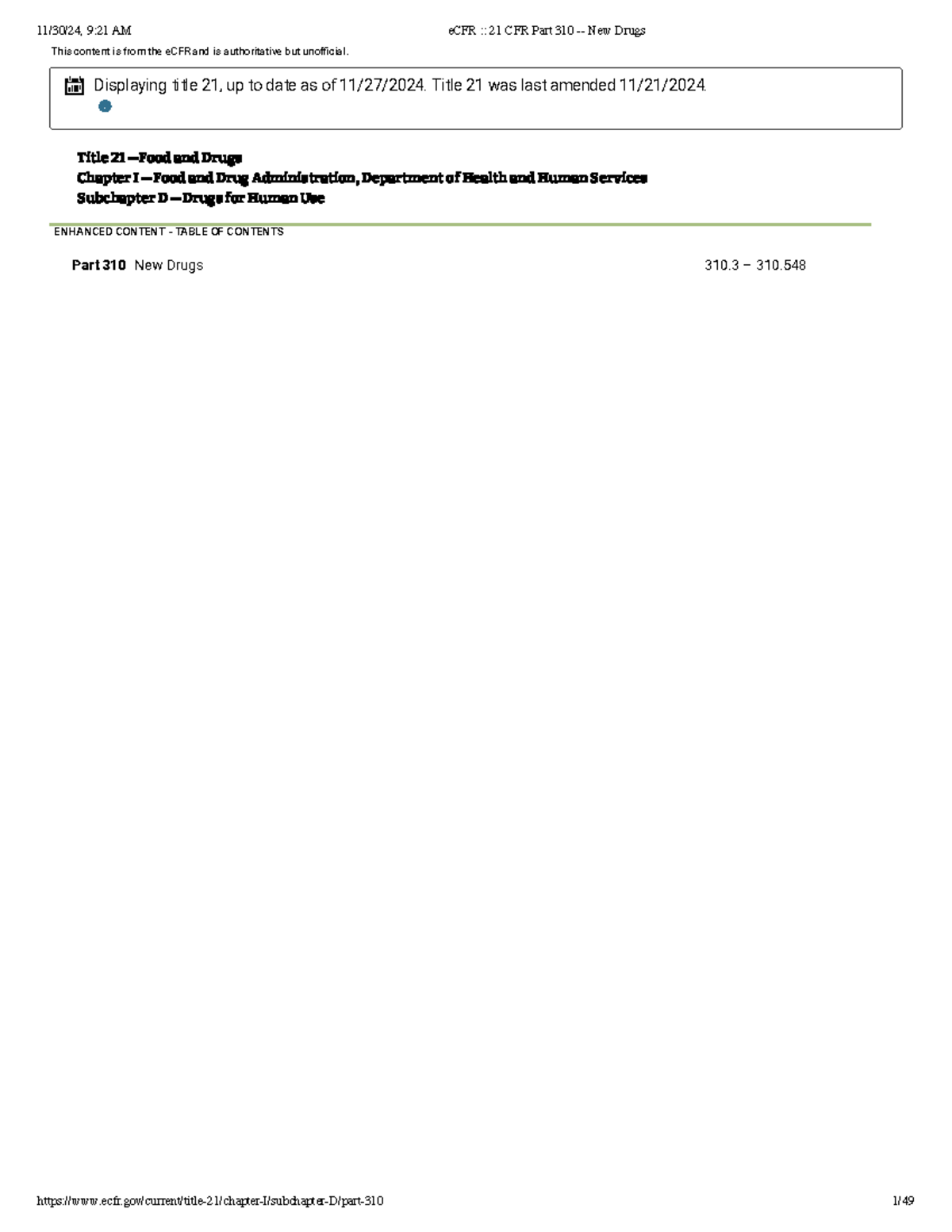 Title 21 CFR Part 310: New Drugs Regulations - eCFR Overview 2024 - Studocu