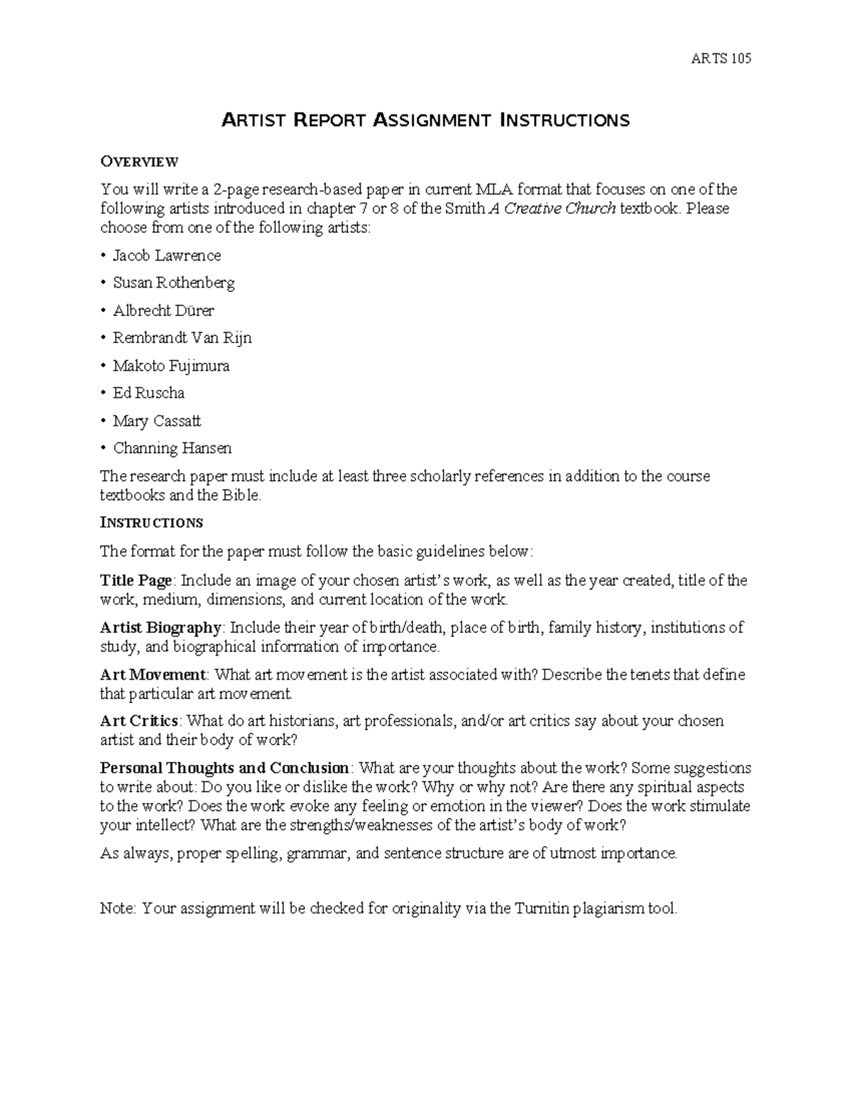 ARTS 105 Artist Report Assignment: Research Paper Guidelines - Studocu