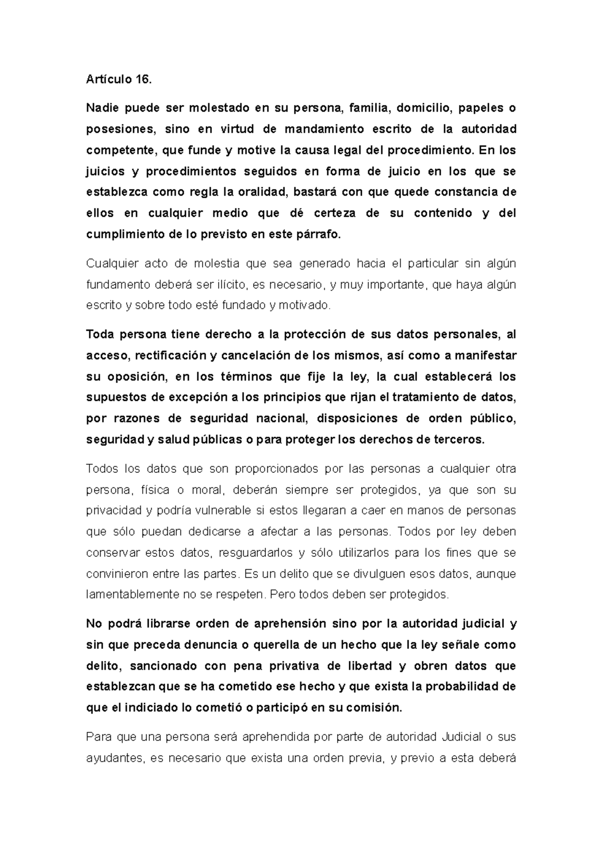 Artículo 16: Derechos de Protección y Proceso Legal en México - Studocu