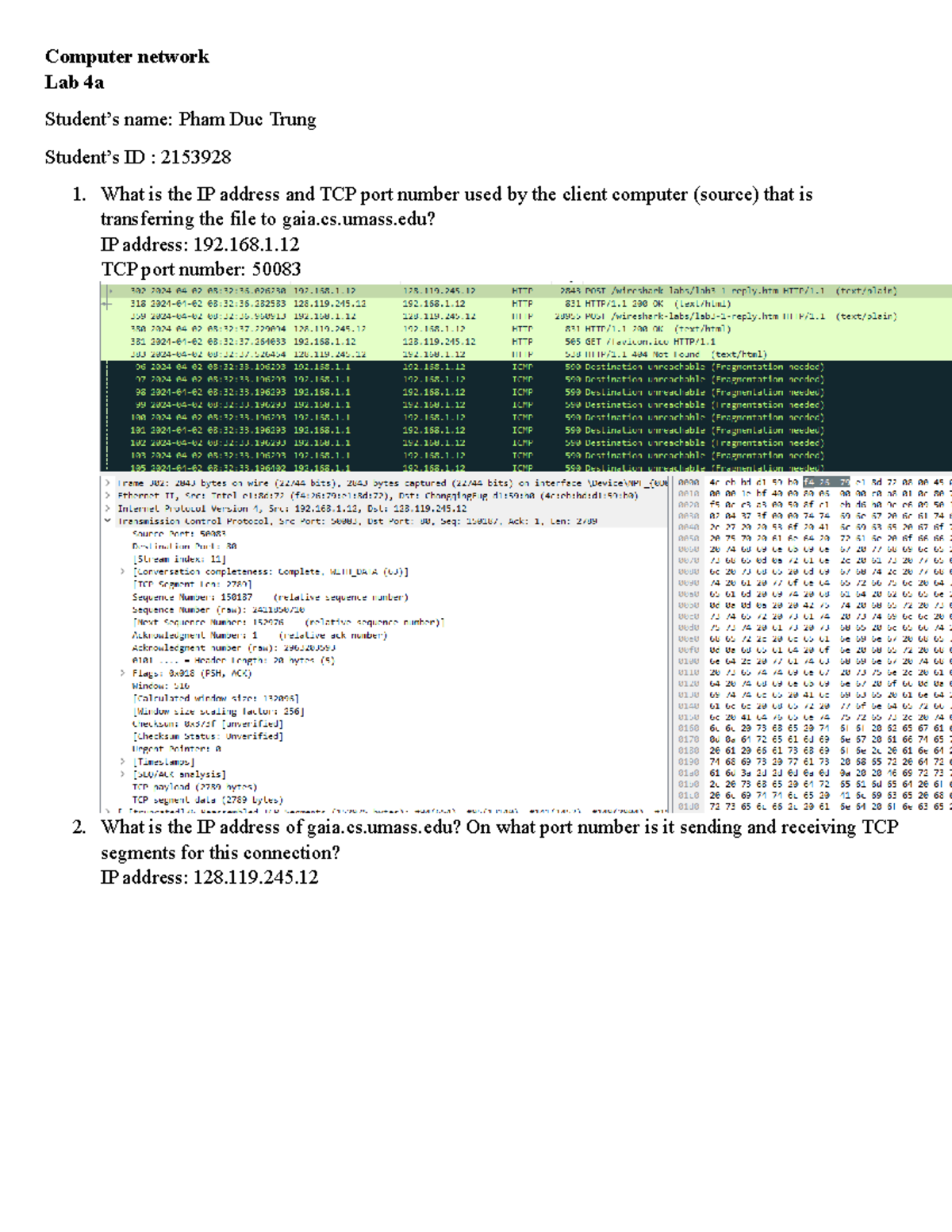 Wireshark Lab Report: TCP Analysis for CS Network Lab 4a - Studocu