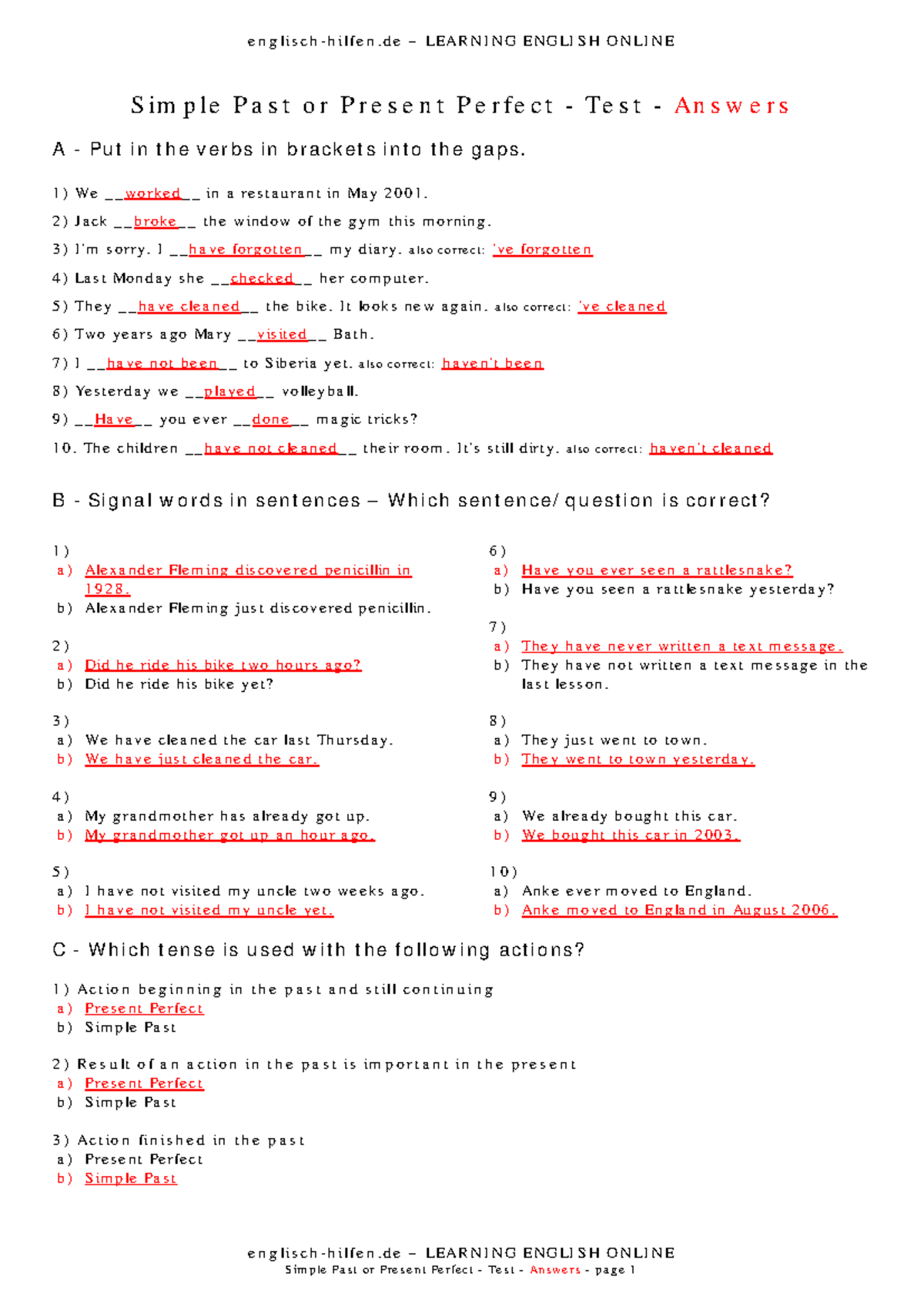 Test Answers for Simple Past & Present Perfect (LEARNING ENGLISH ONLINE ...