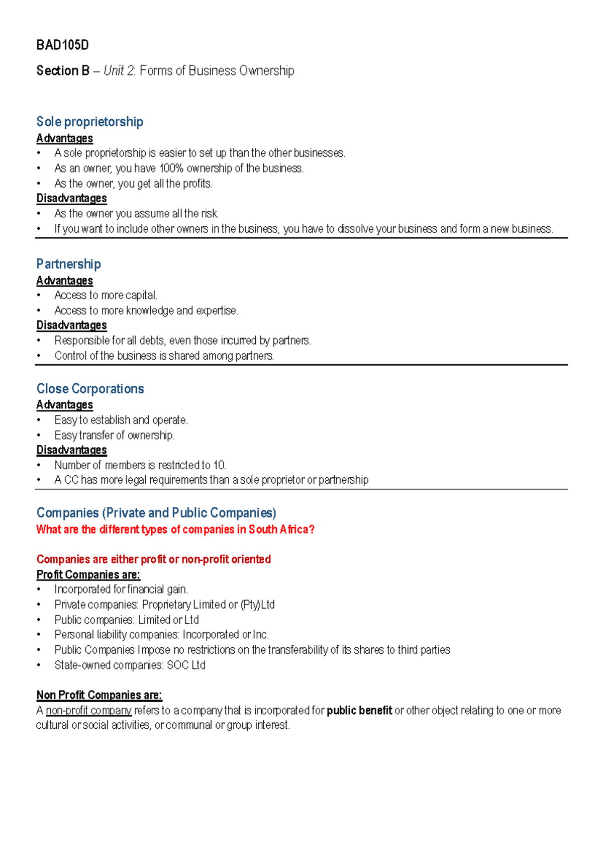 BAD105D Unit 2: Overview of Business Ownership Types - Studocu