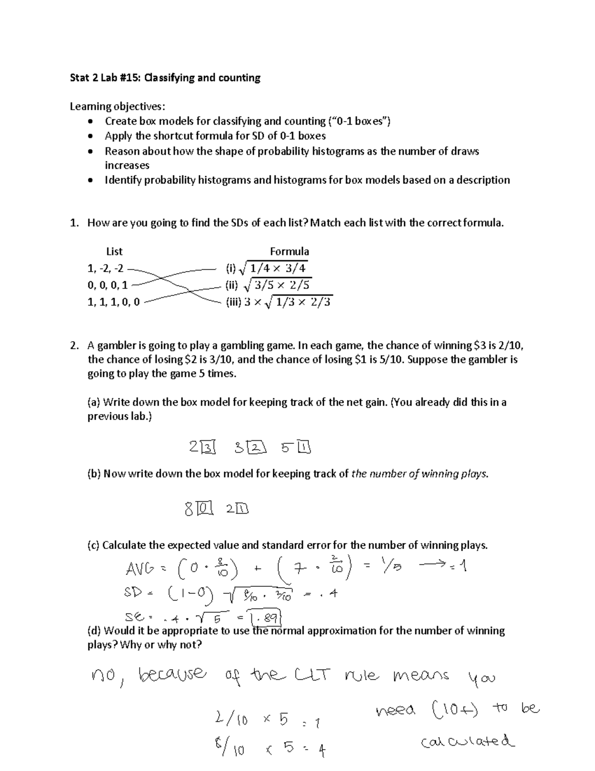 Stat 2 Lab #15: Classifying, Counting, and Probability Histograms - Studocu