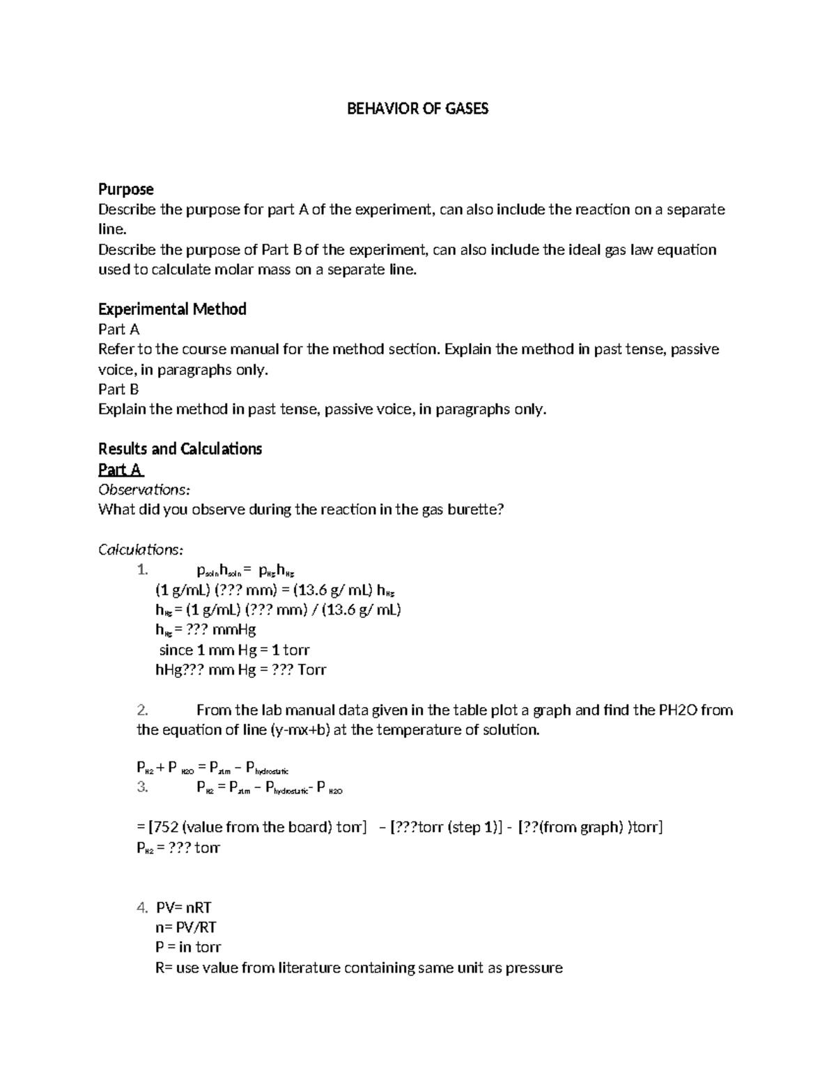 Behavior of Gases: Experiment Analysis and Calculations - Studocu