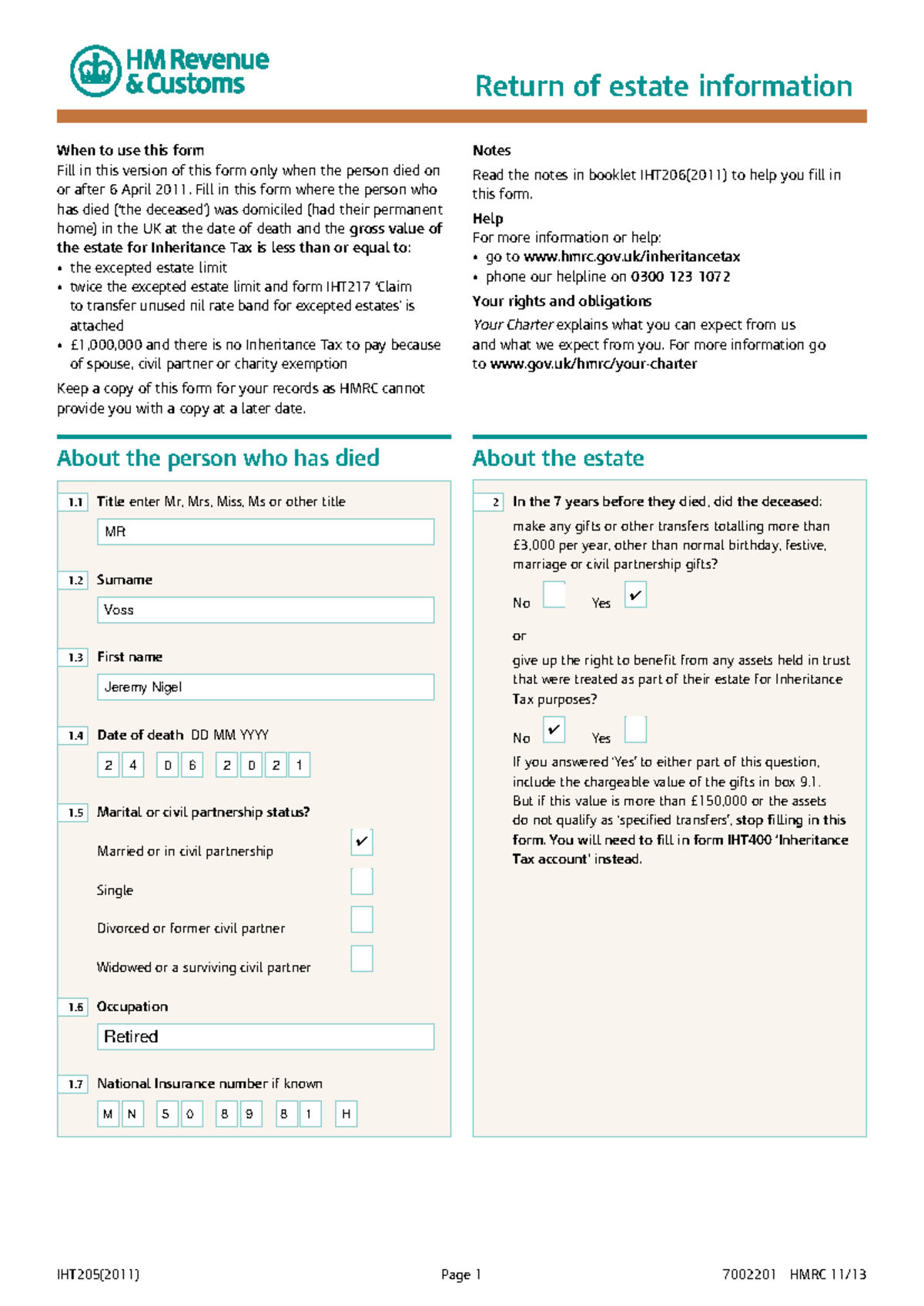 IHT205 Tax Form Example for Wills and Admin Module (2011) - Studocu