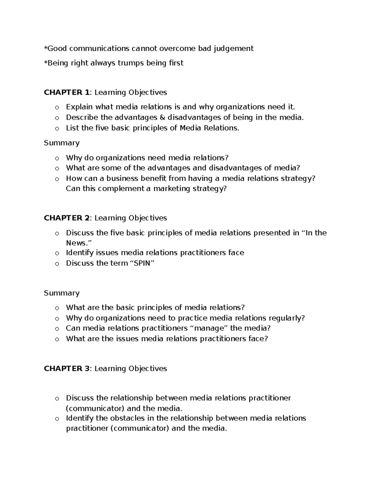 Media Relations Learning Objectives - *Good communications cannot ...