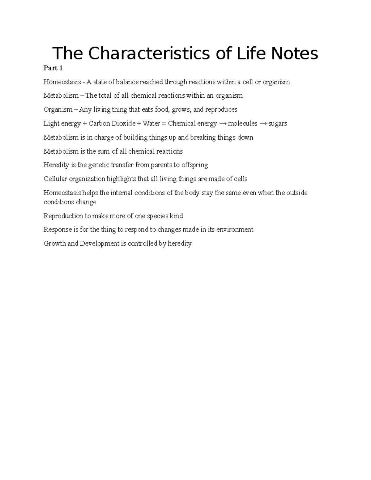 Characteristics of Life Study Notes for Biology 101 - Studocu