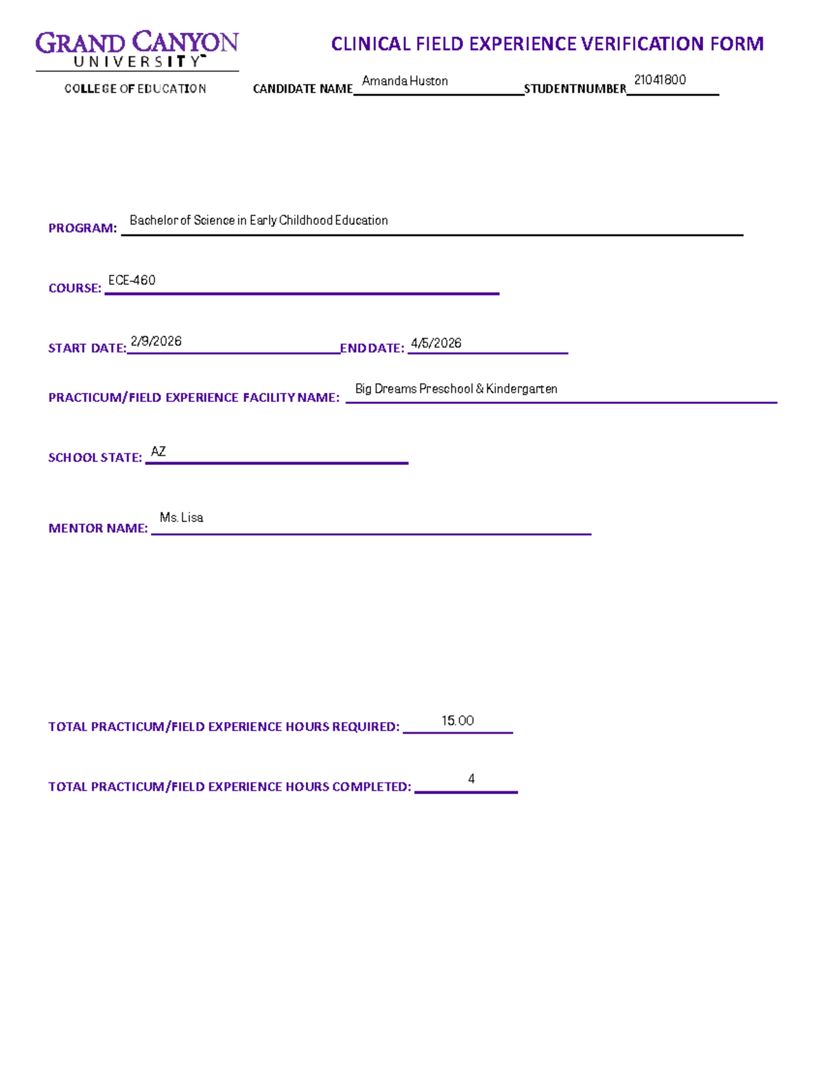 Clinical Field Experience Verification Form - Amanda Huston (B.S. ECE ...