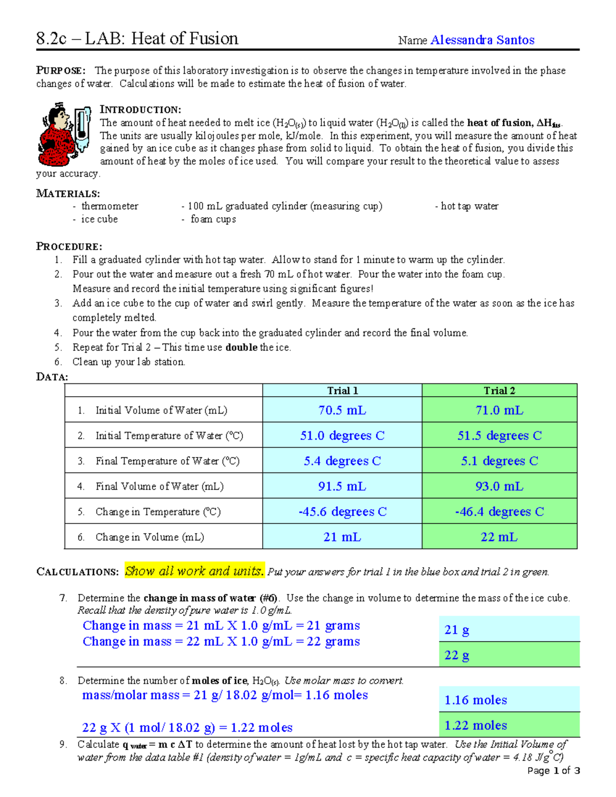 Chemistry Lab: Heat of Fusion of Ice - Experiment by Alessandra Santos ...