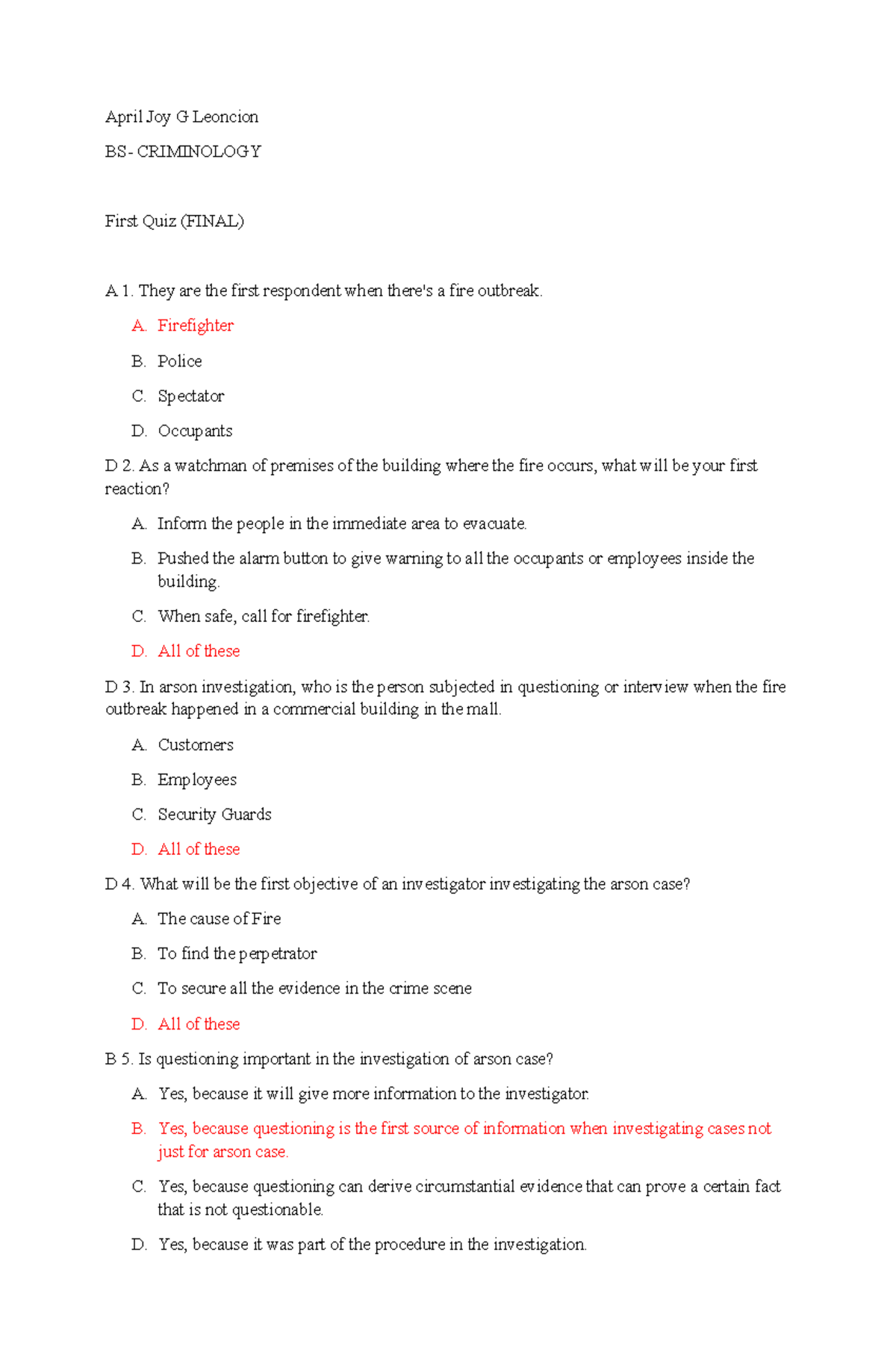 April Joy G Leoncion CRIMINOLOGY Arson Final Quiz - Studocu