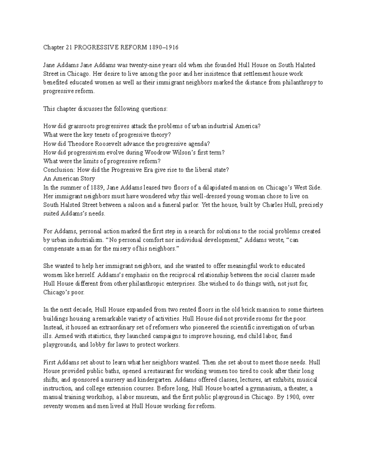 Chapter 21: The Progressive Era - Jane Addams and Reform Efforts - Studocu
