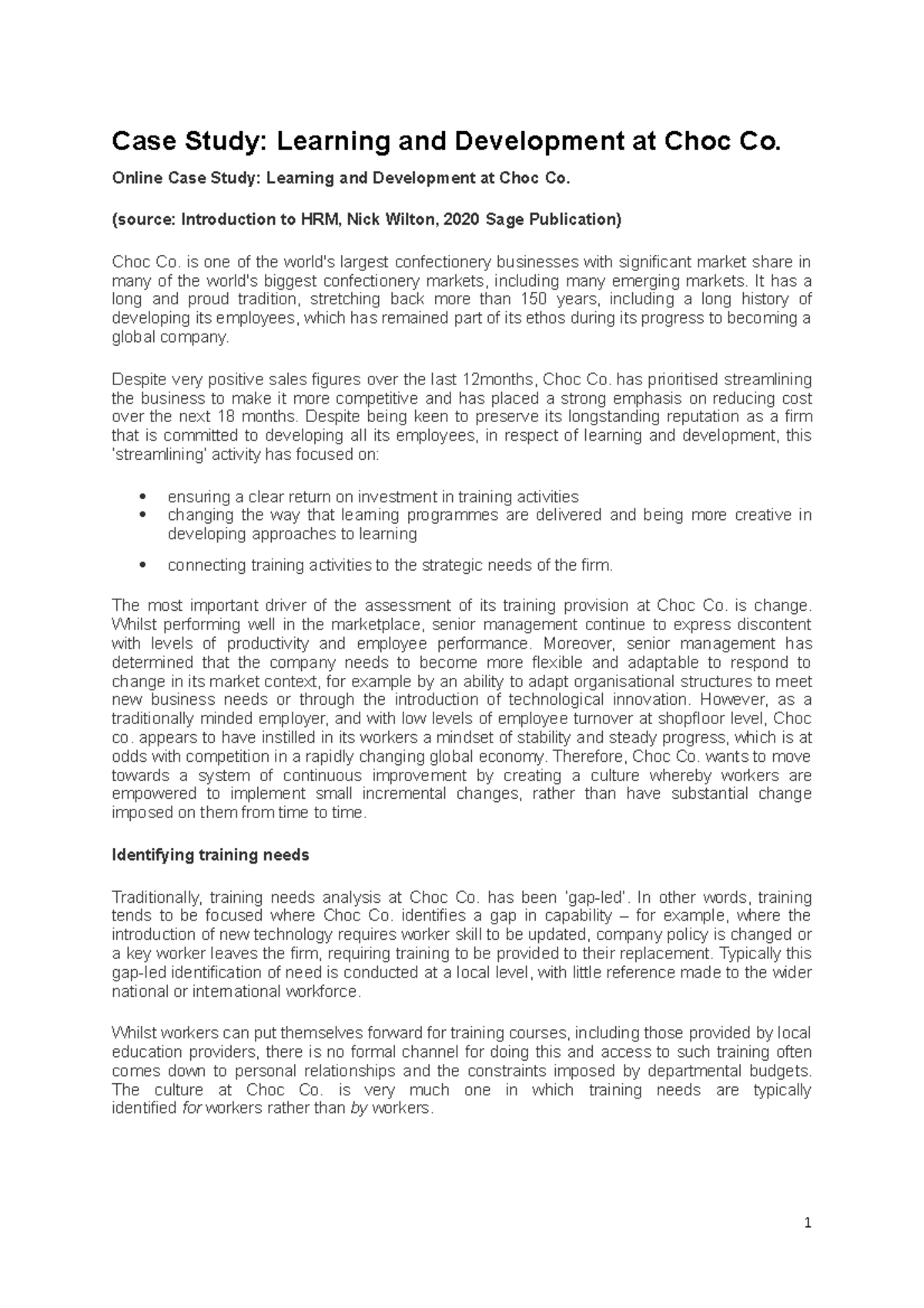 Learning and Development Case Study at Choc Co. - HRM Insights - Studocu