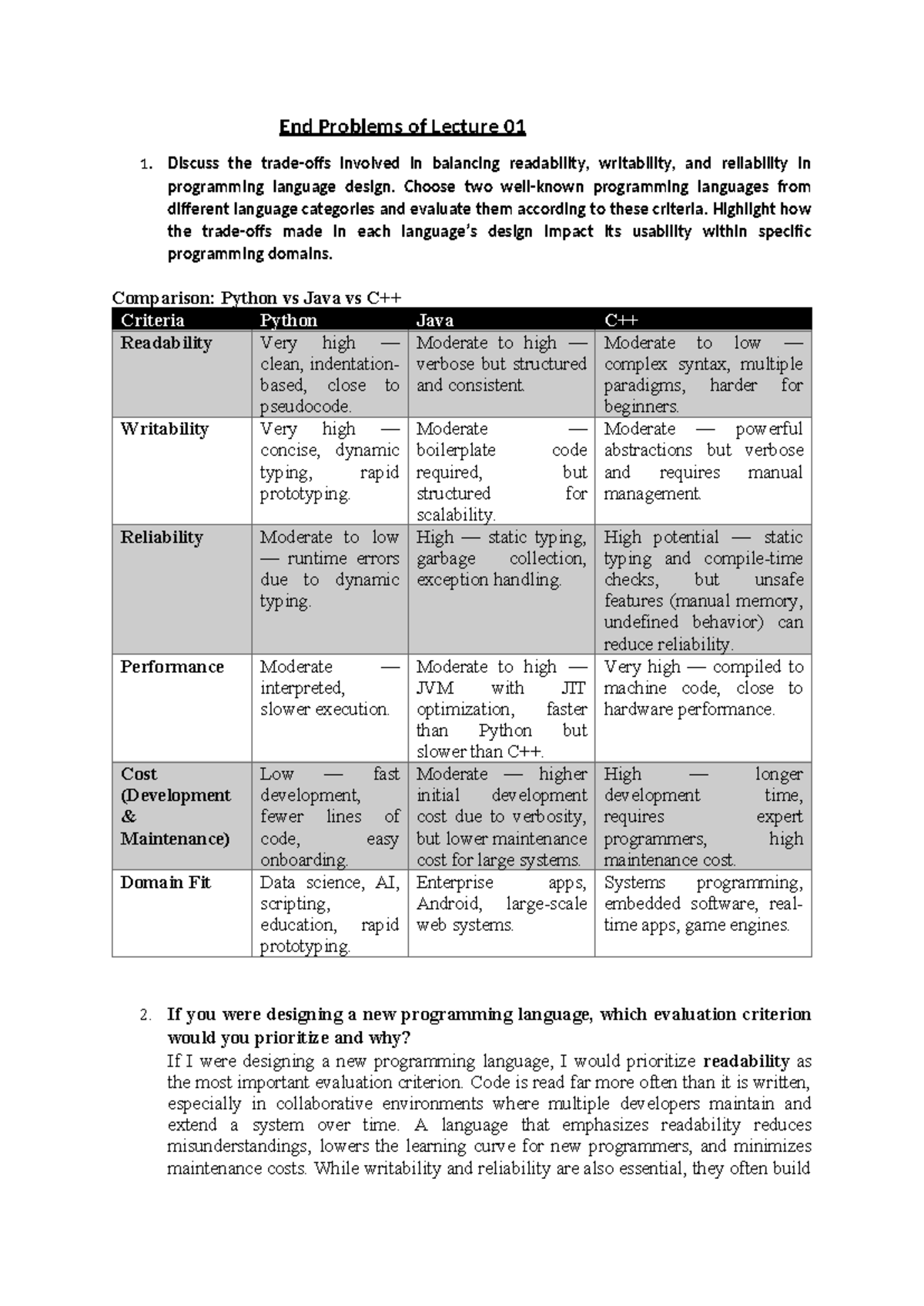 Handouts 1: Balancing Readability, Writability, and Reliability in ...