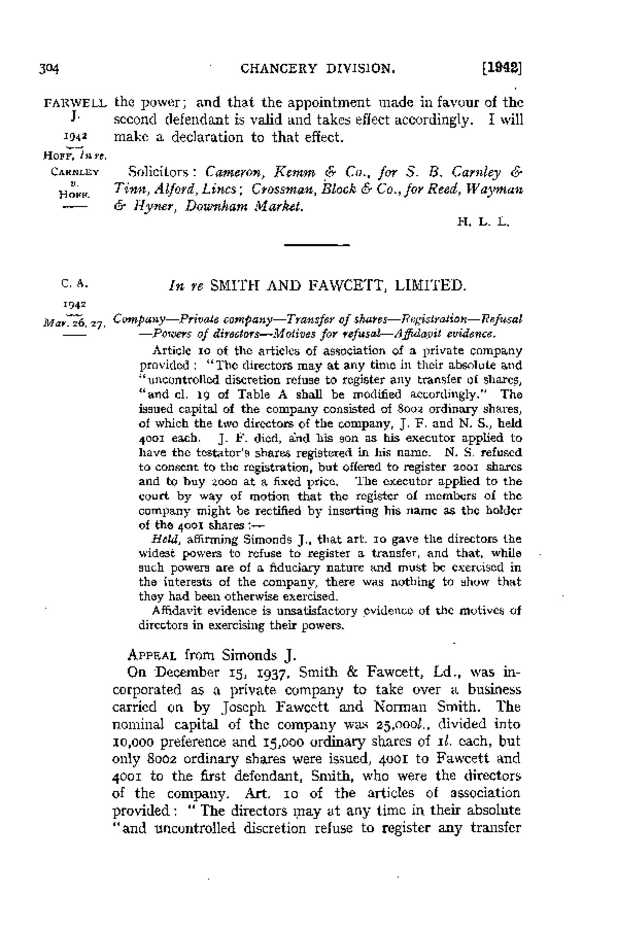 304 Chancery Division: In re Smith & Fawcett Ltd. Appeal Summary (1942 ...
