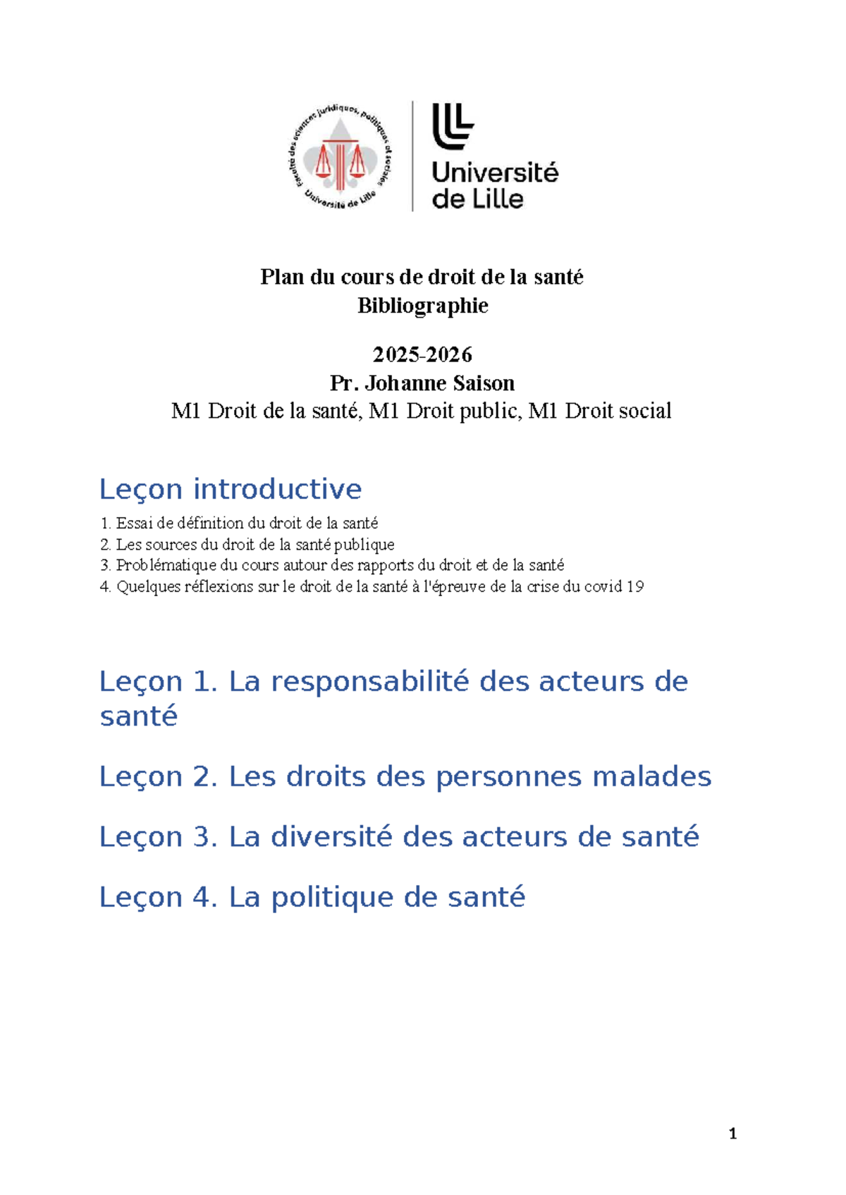 Plan du cours de Droit de la Santé M1 - Bibliographie et Leçons 2025 ...