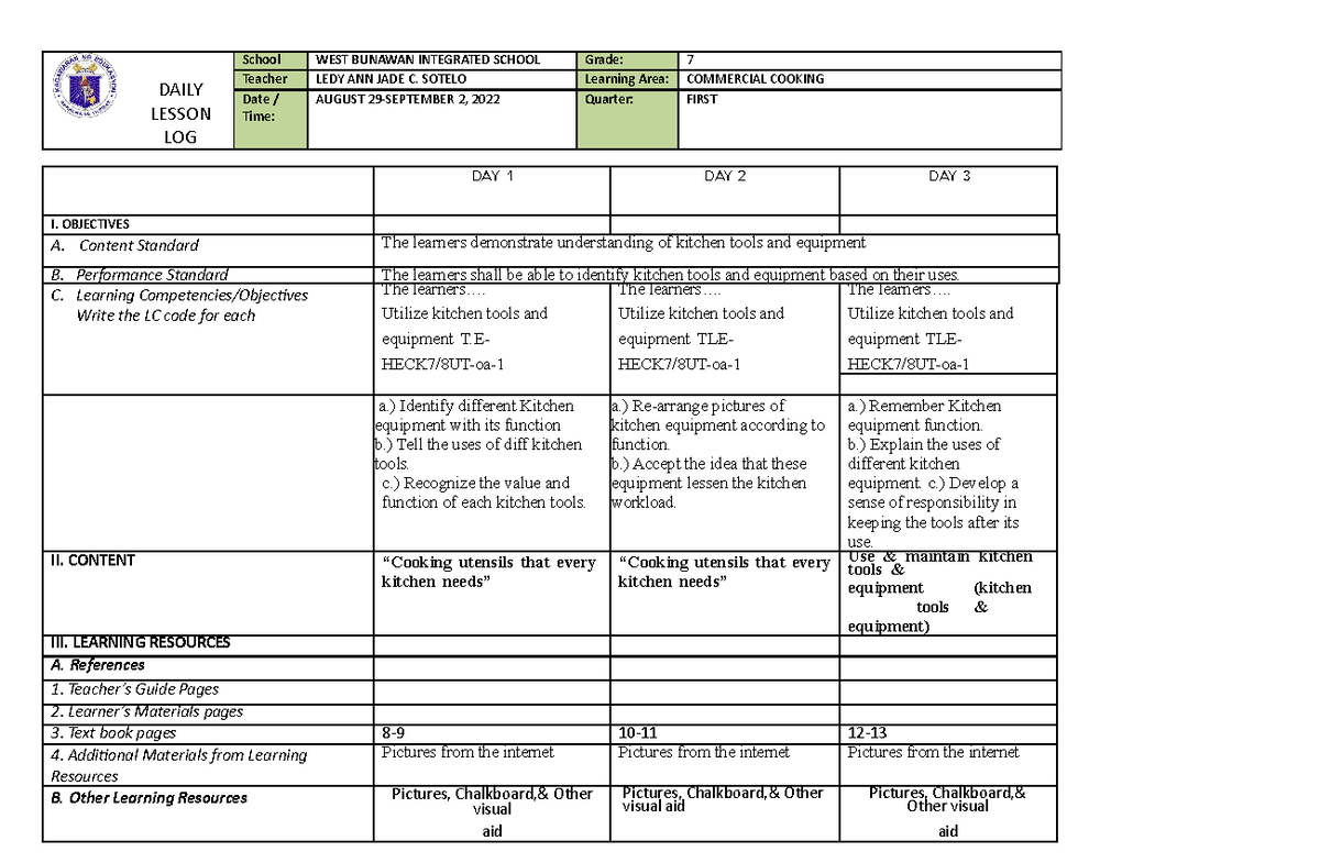 DLL Cookery WEEK 2 - Lesson Log for Grade 7 TLE (Commercial Cooking ...