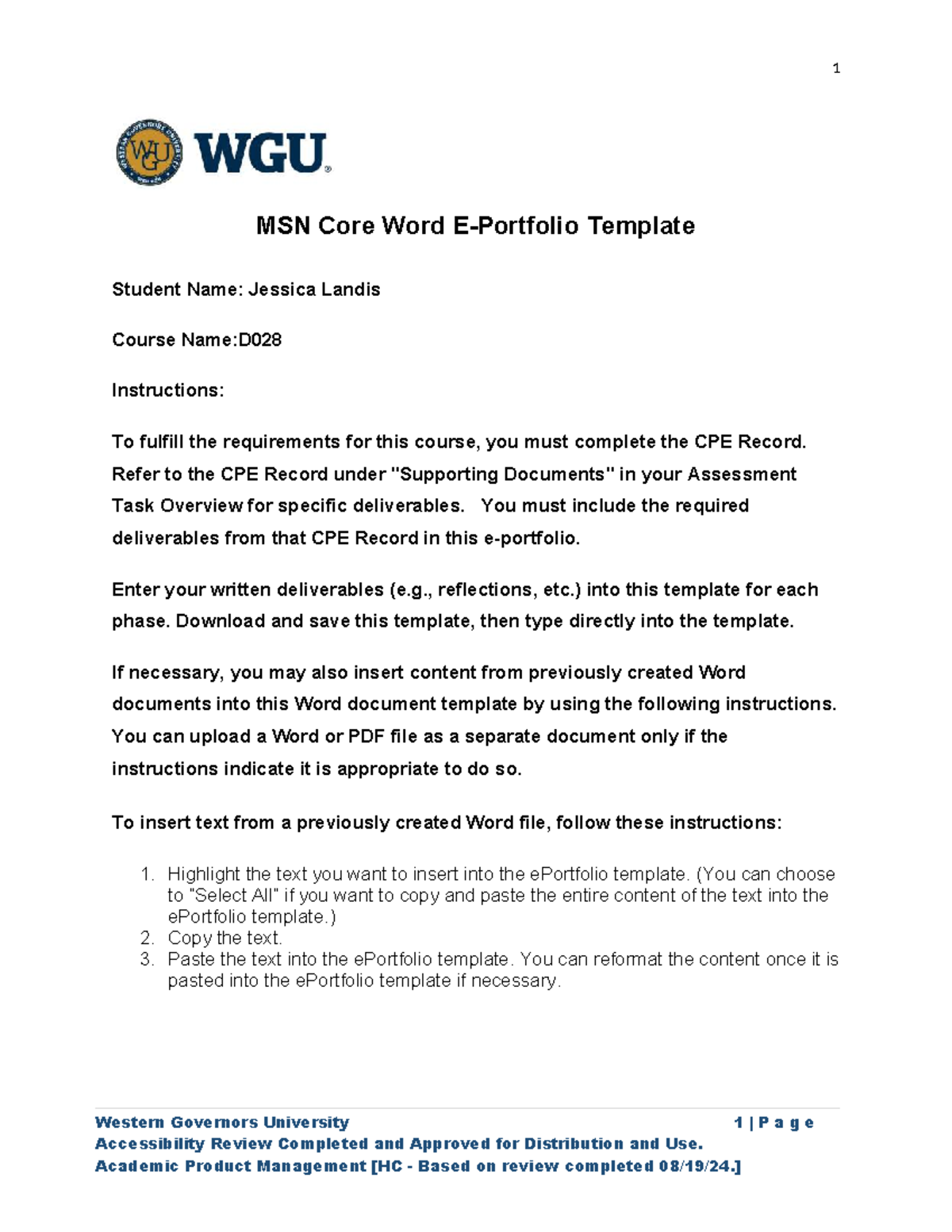 CPE Record Template for D028: Student Jessica Landis - Studocu