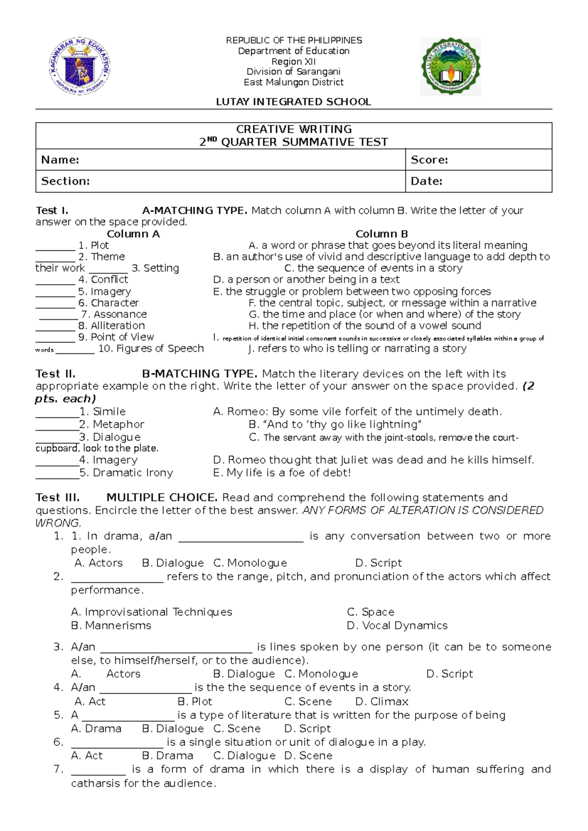 Creative Writing 2nd Quarter Summative Test - Studocu