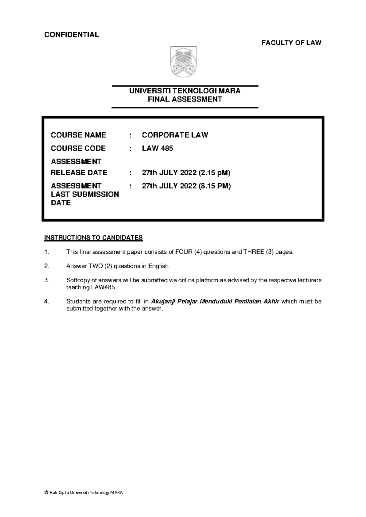 LAW 485 Final Assessment: Corporate Law Questions [MAC-JULY 2022] - Studocu