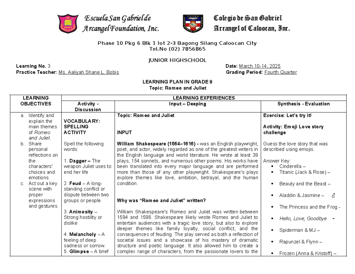 G9 Learning Plan: Exploring Themes in Romeo and Juliet - Studocu