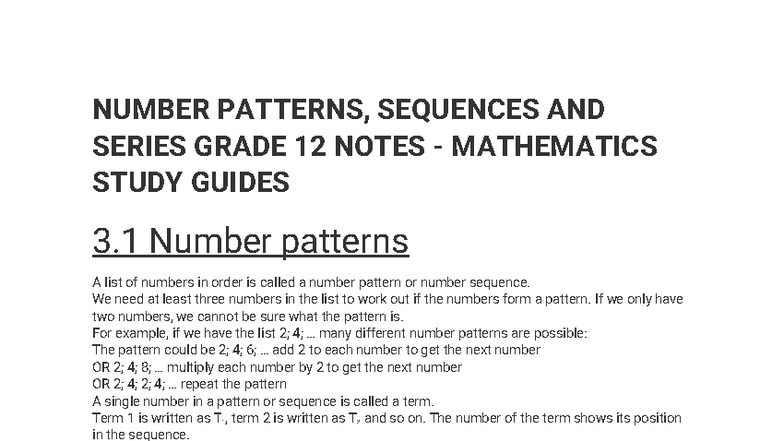 Grade 12 Maths: Number Patterns, Sequences & Series Study Notes - Studocu