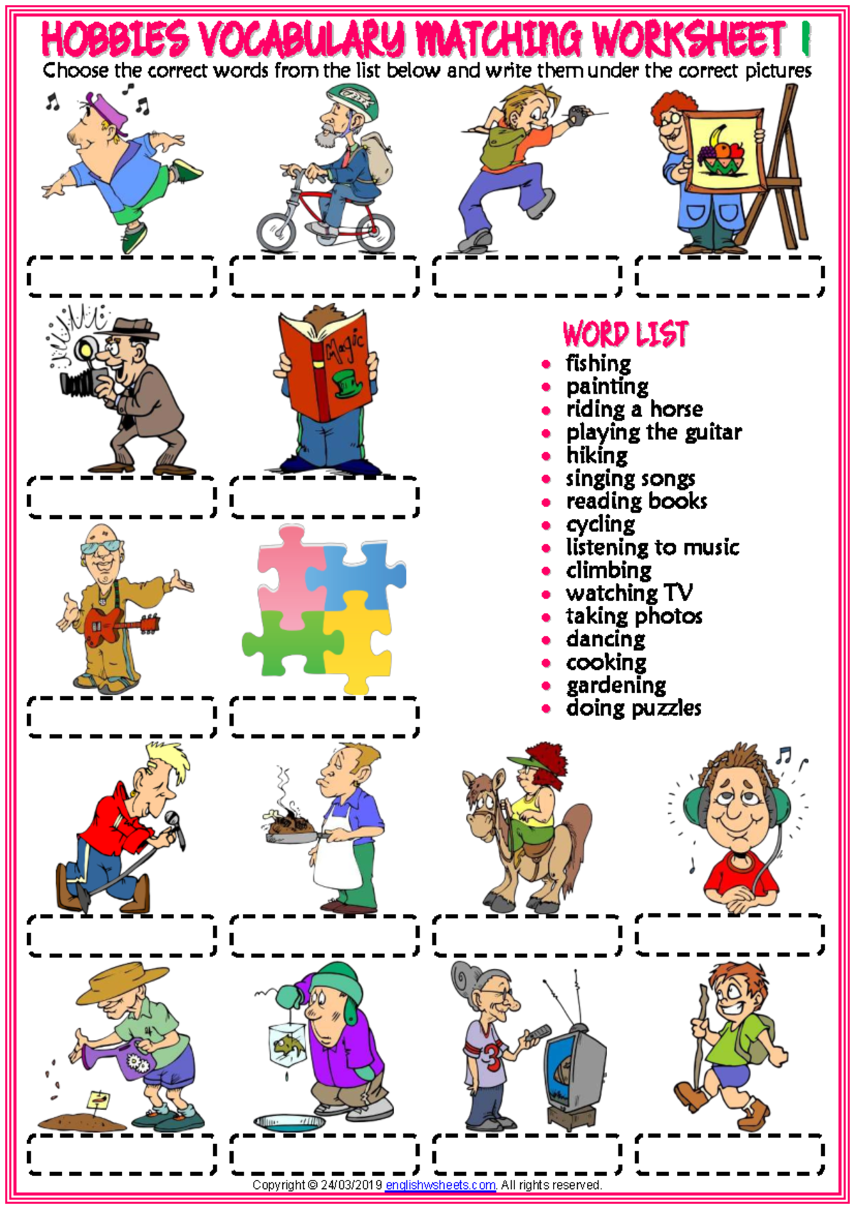 HOBBIES VOCABULARY MATCHING WORKSHEETS 1 & 2 with ANSWER KEYS - Studocu