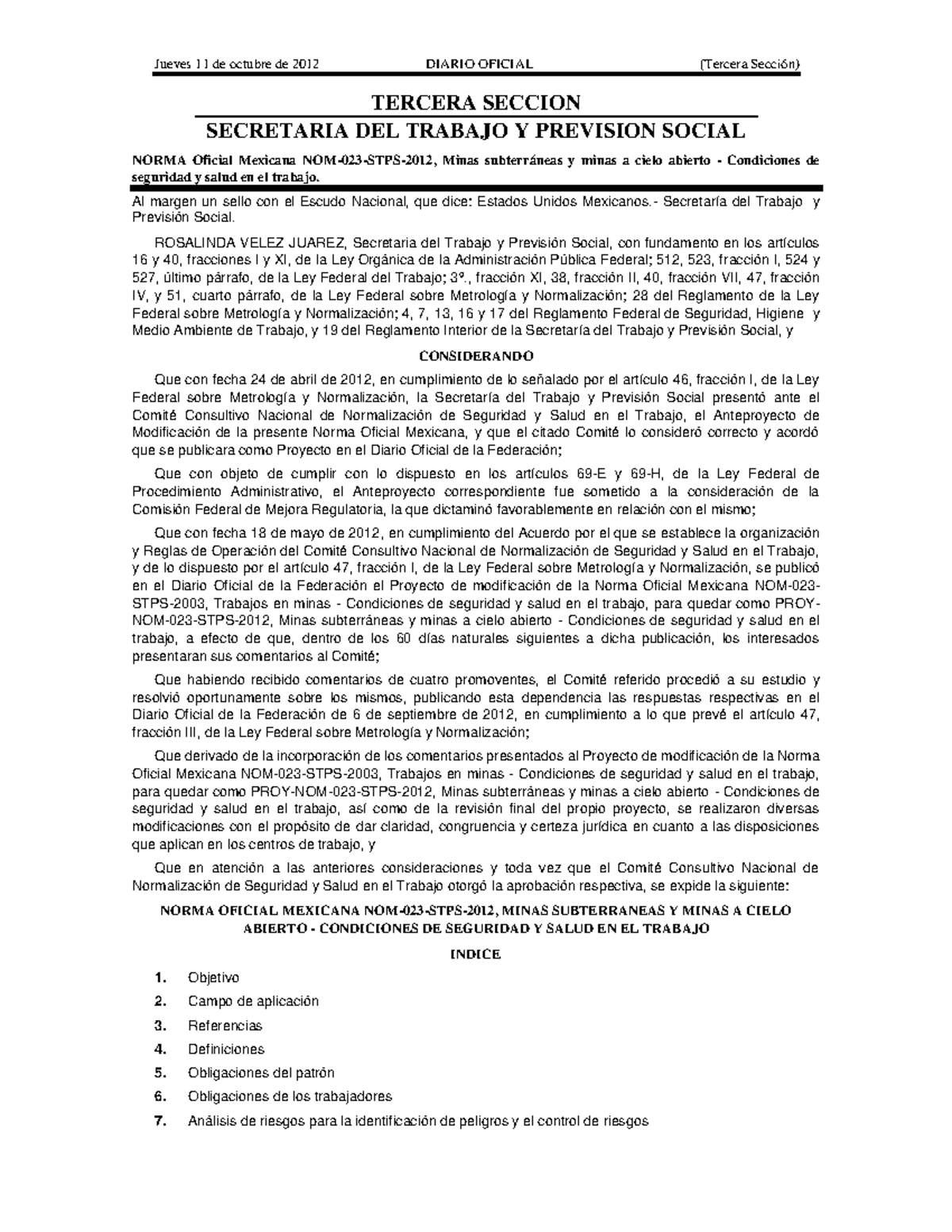 Norma Oficial Mexicana NOM-023-STPS-2012: Seguridad y Salud en Minas ...