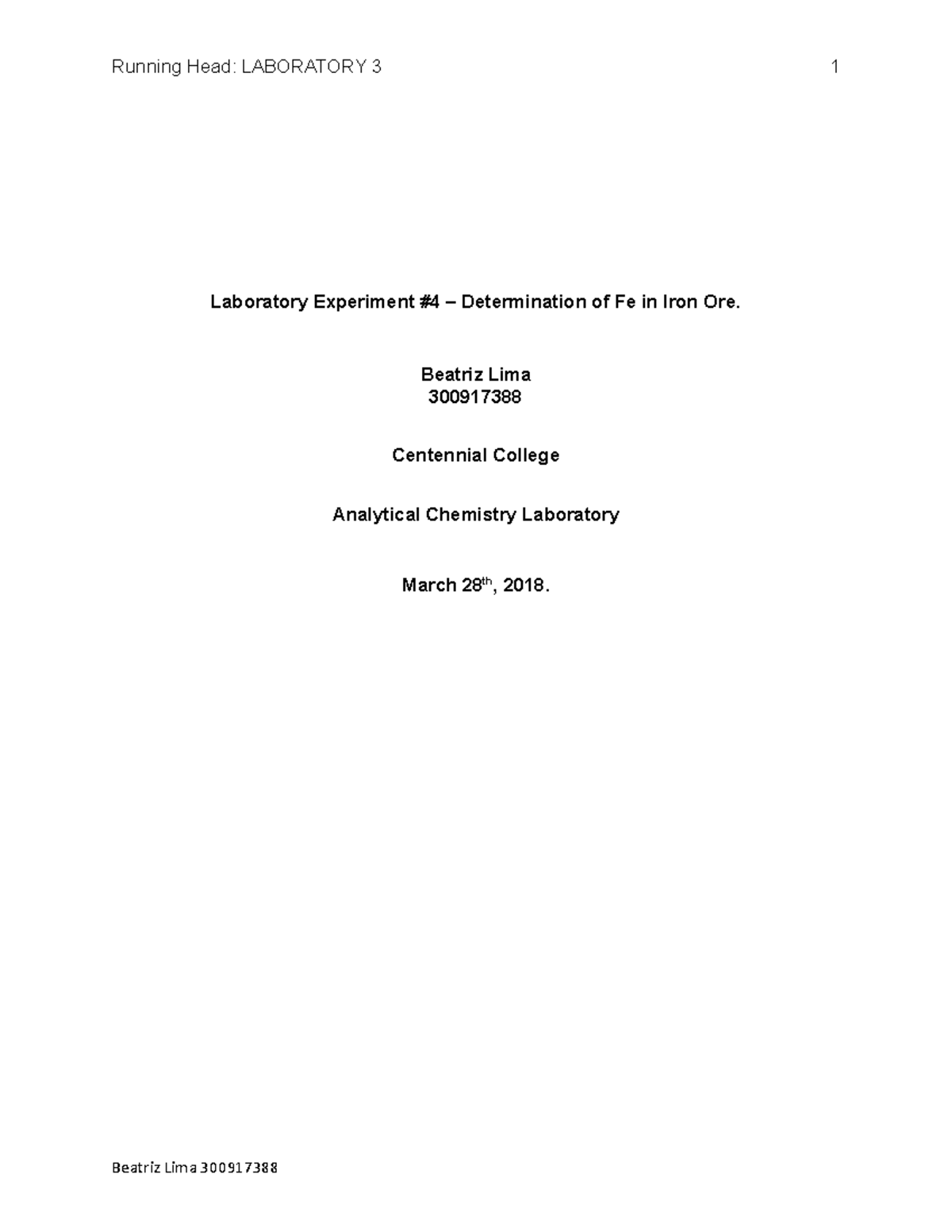 Pre Lab 4 - Fe Determination in Iron Ore Experiment Report - Studocu