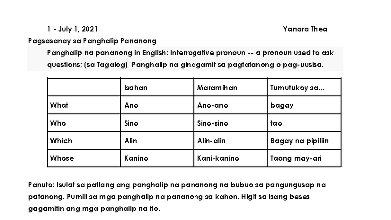 521312554 Pagsasanay sa Panghalip na Pananong - July 1 - Studocu