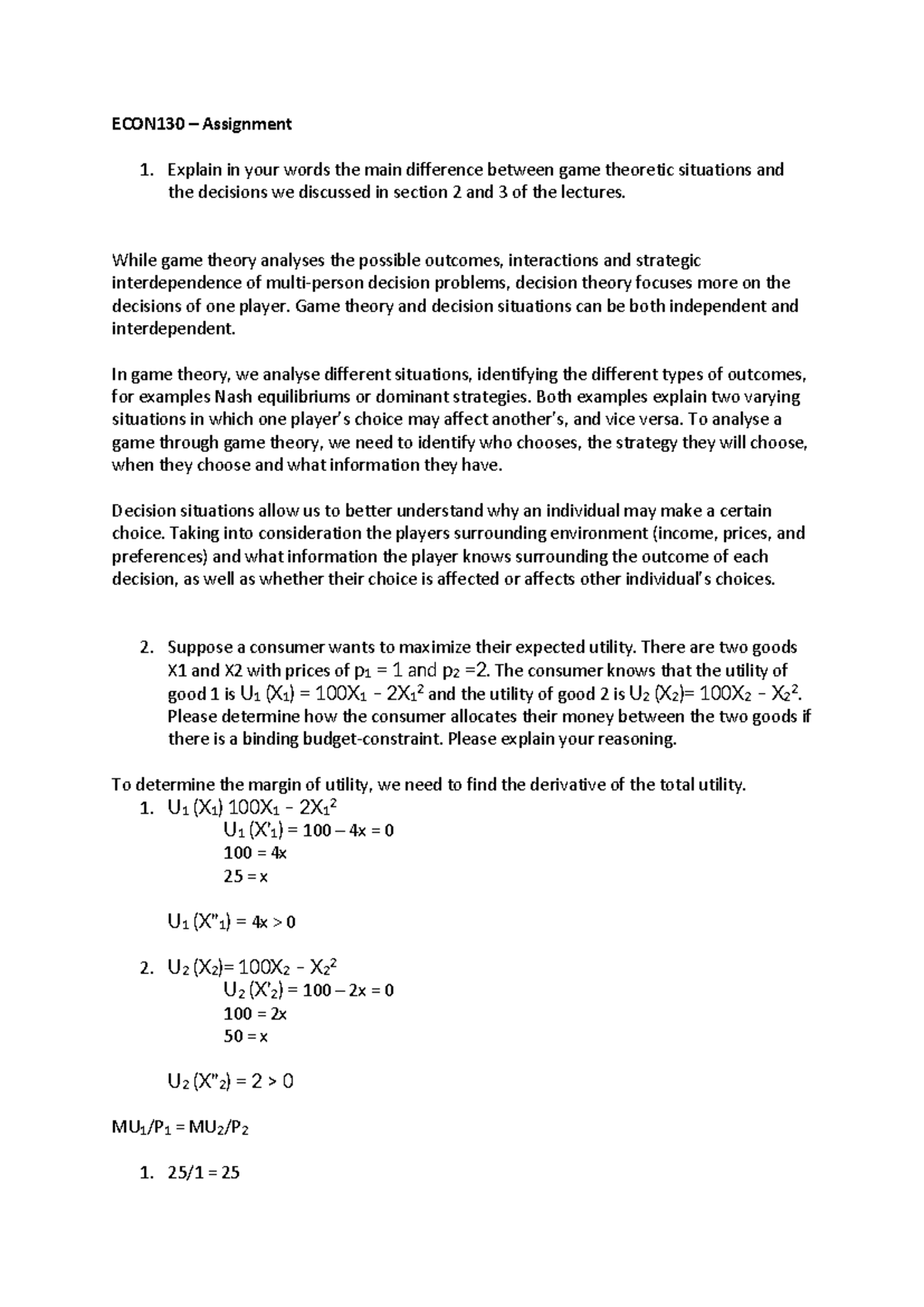 ECON130 Assignment - ECON130 – Assignment Explain in your words the ...