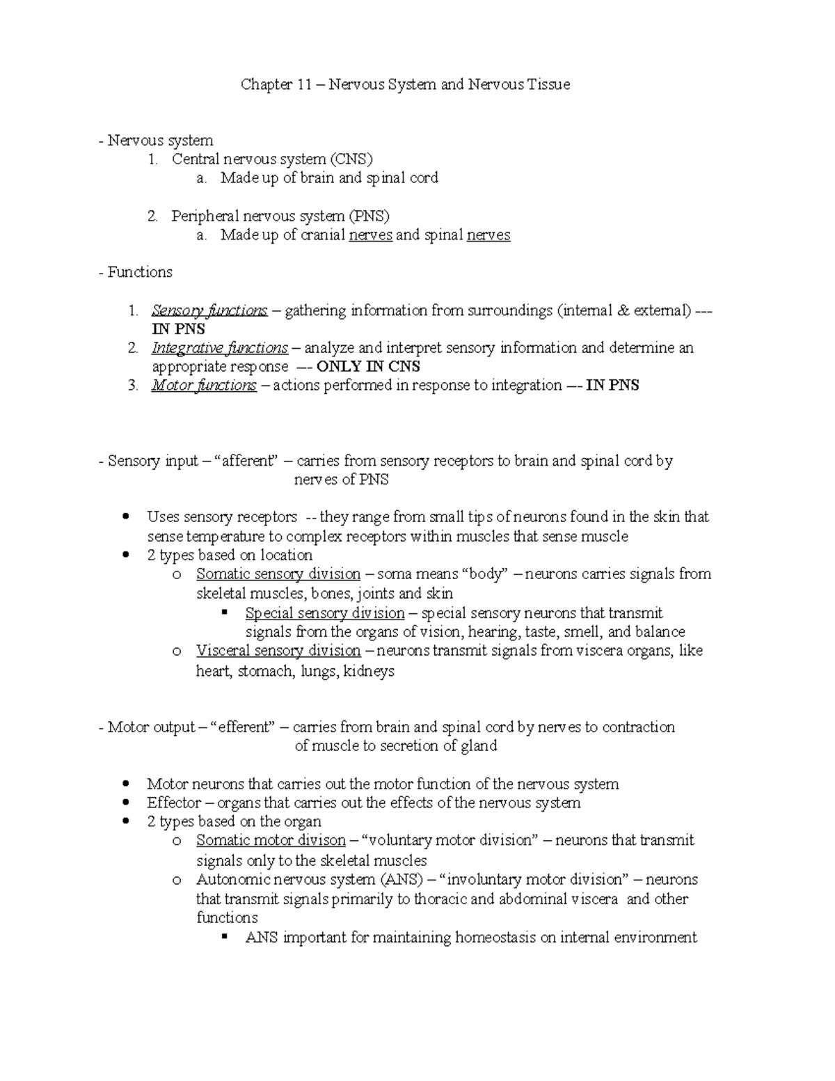 Chapter 11 study guide - Chapter 11 – Nervous System and Nervous Tissue ...