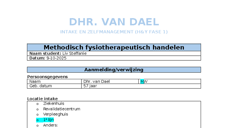 MFH Dhr. Van Dael Intake & Zelfmanagement Fase 1 (H&Y 1) - Studeersnel