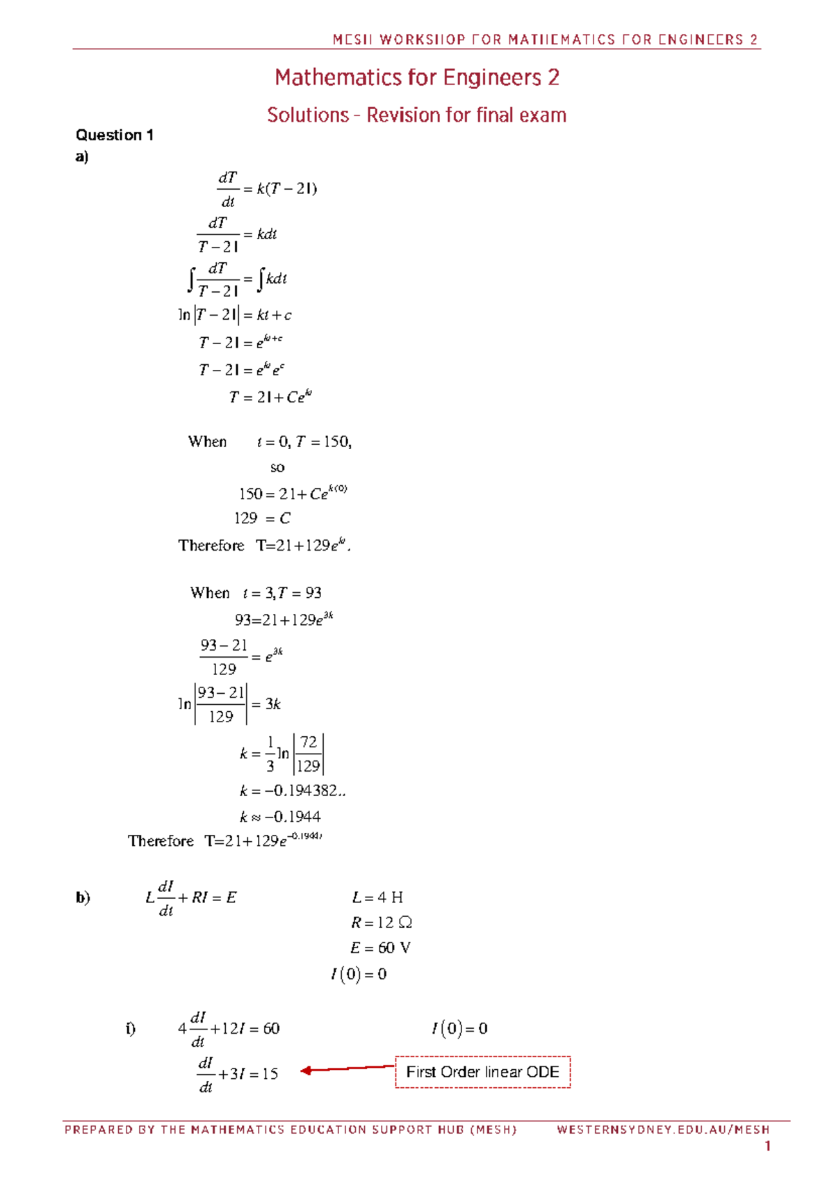 MATH1019 Worksheet Solutions: Differential Equations & Power Series ...
