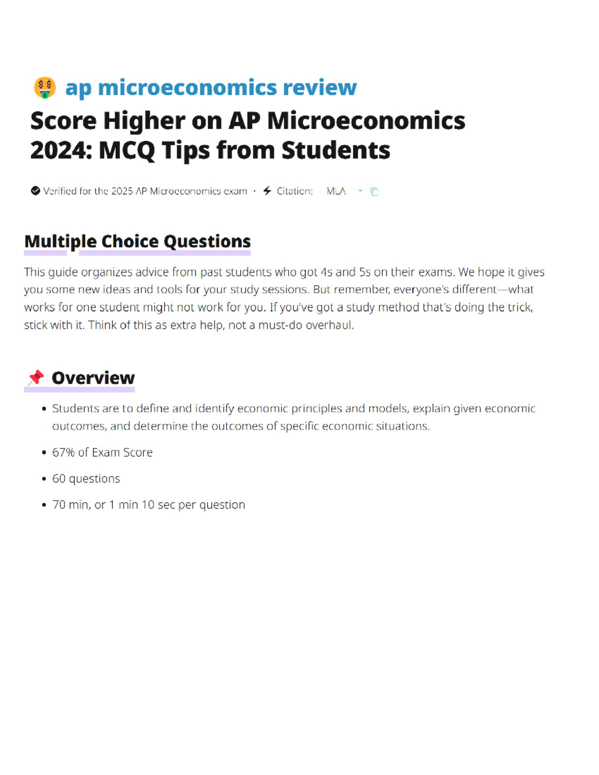 AP Microeconomics 2024: Student Tips for MCQ & FRQs - Studocu