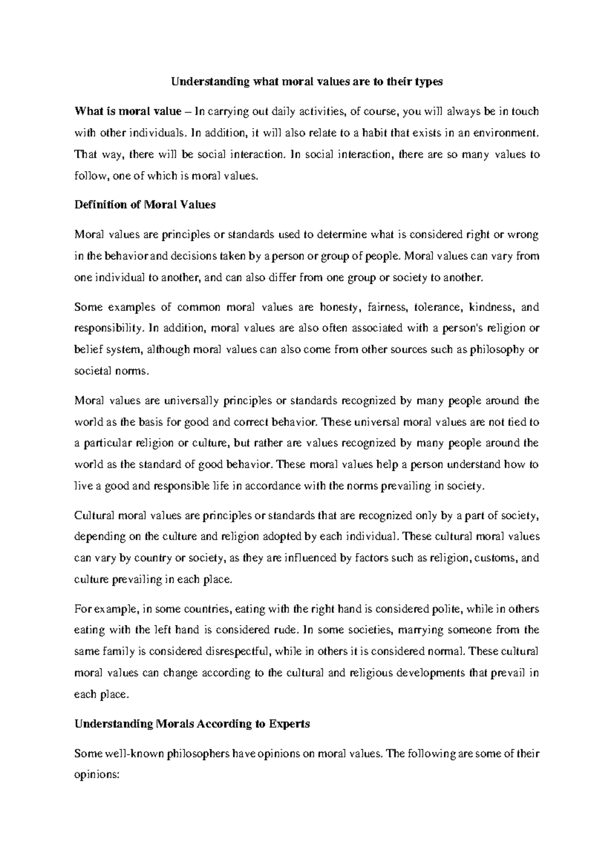 Moral Values and Their Types: A Comprehensive Overview - Studocu