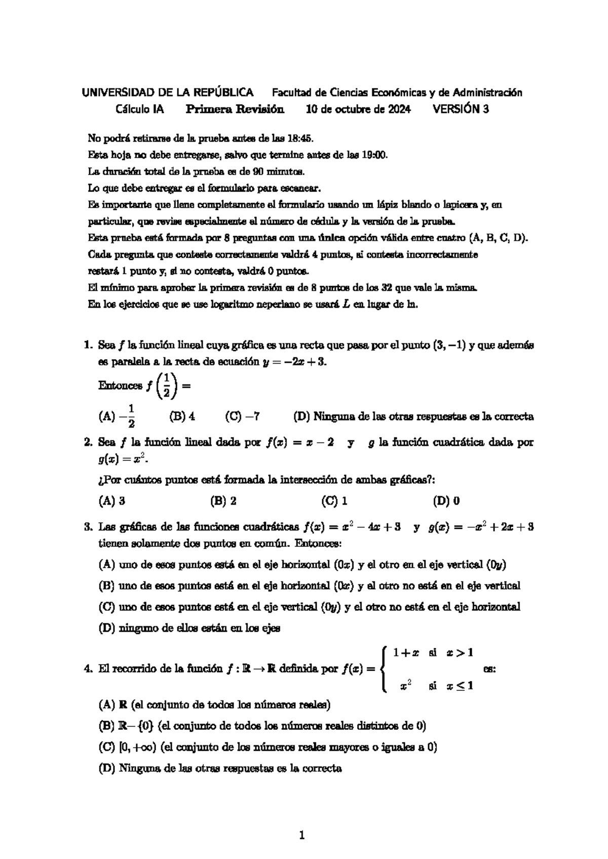 Revisión 1 Cálculo 1A - Primera Prueba 10 de octubre 2024, Versión 3 ...