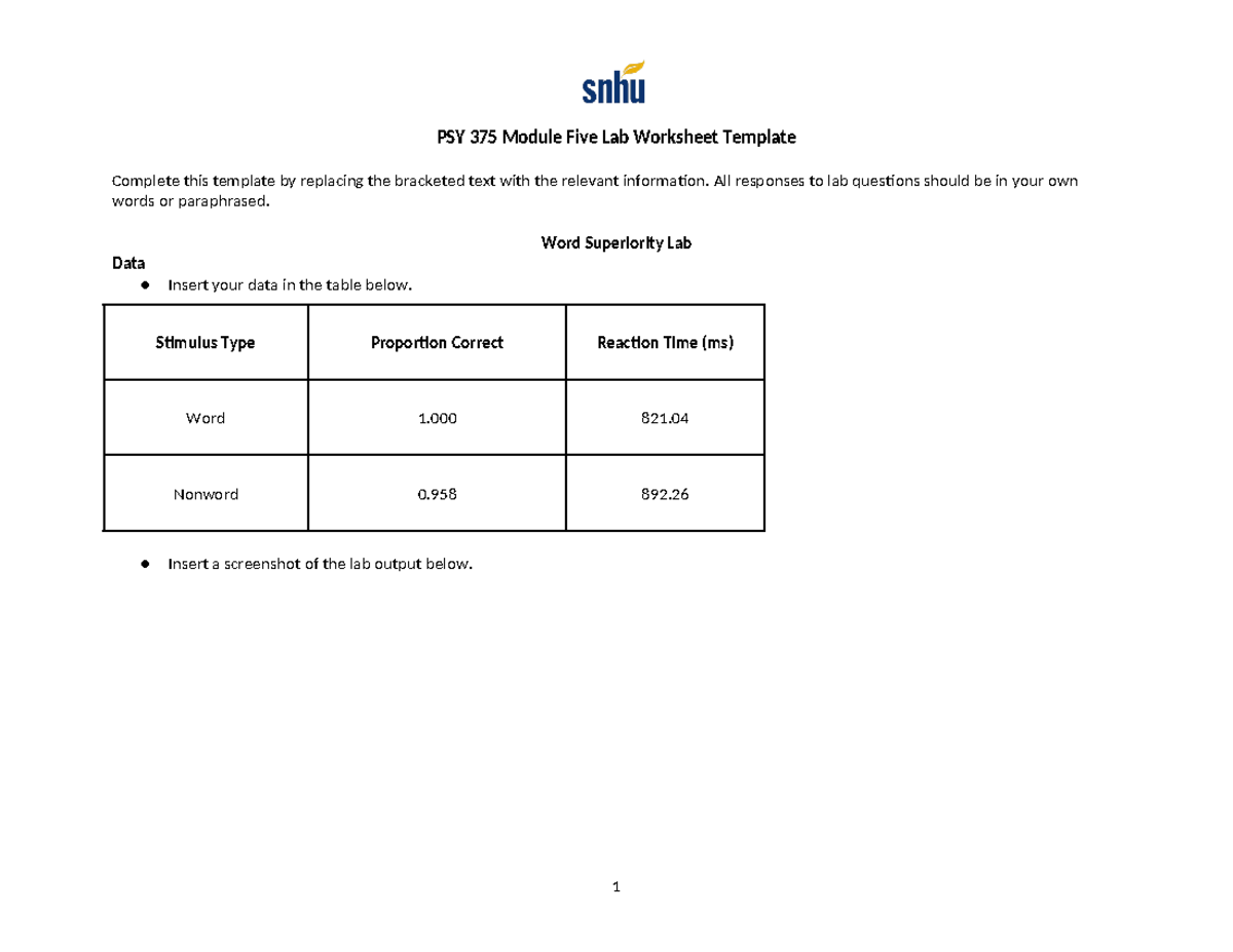 PSY 375 Module Five Lab Worksheet Complete - PSY 375 Module Five Lab ...