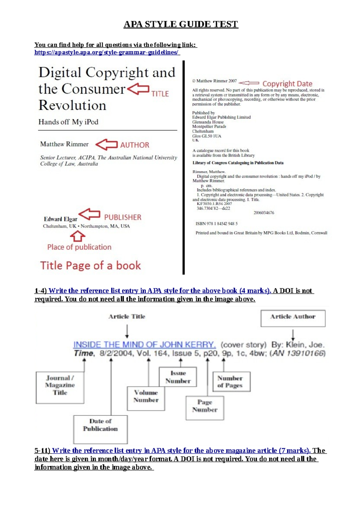 APA Style Guide Test - Reference List Entries and Citation Rules - Studocu