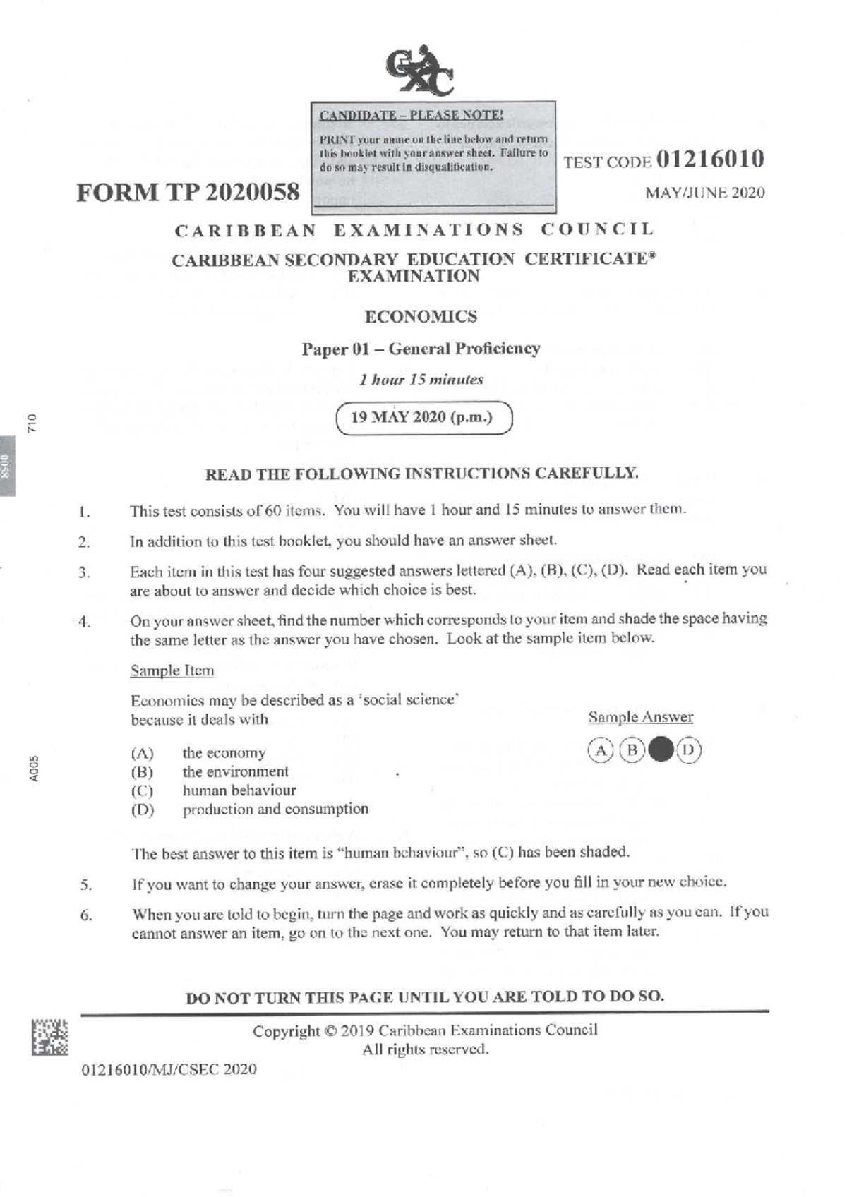 CSEC Economics 2020 Paper 1 Exam Guide - Studocu