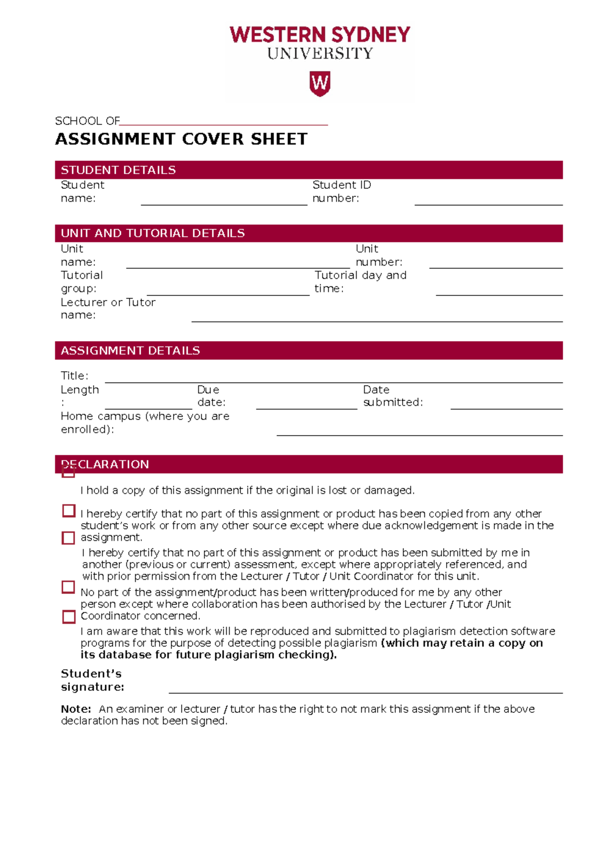 SCHOOL OF ASSIGNMENT COVER SHEET - STUDENT DETAILS - Studocu