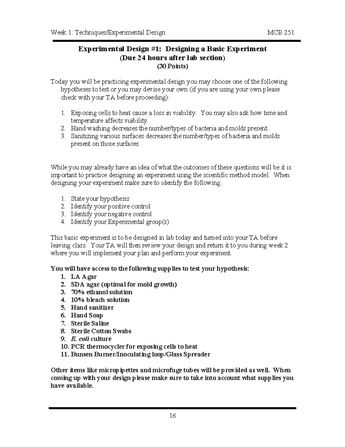 MCB 251 Week 1: Experimental Design for Basic Experiments - Studocu