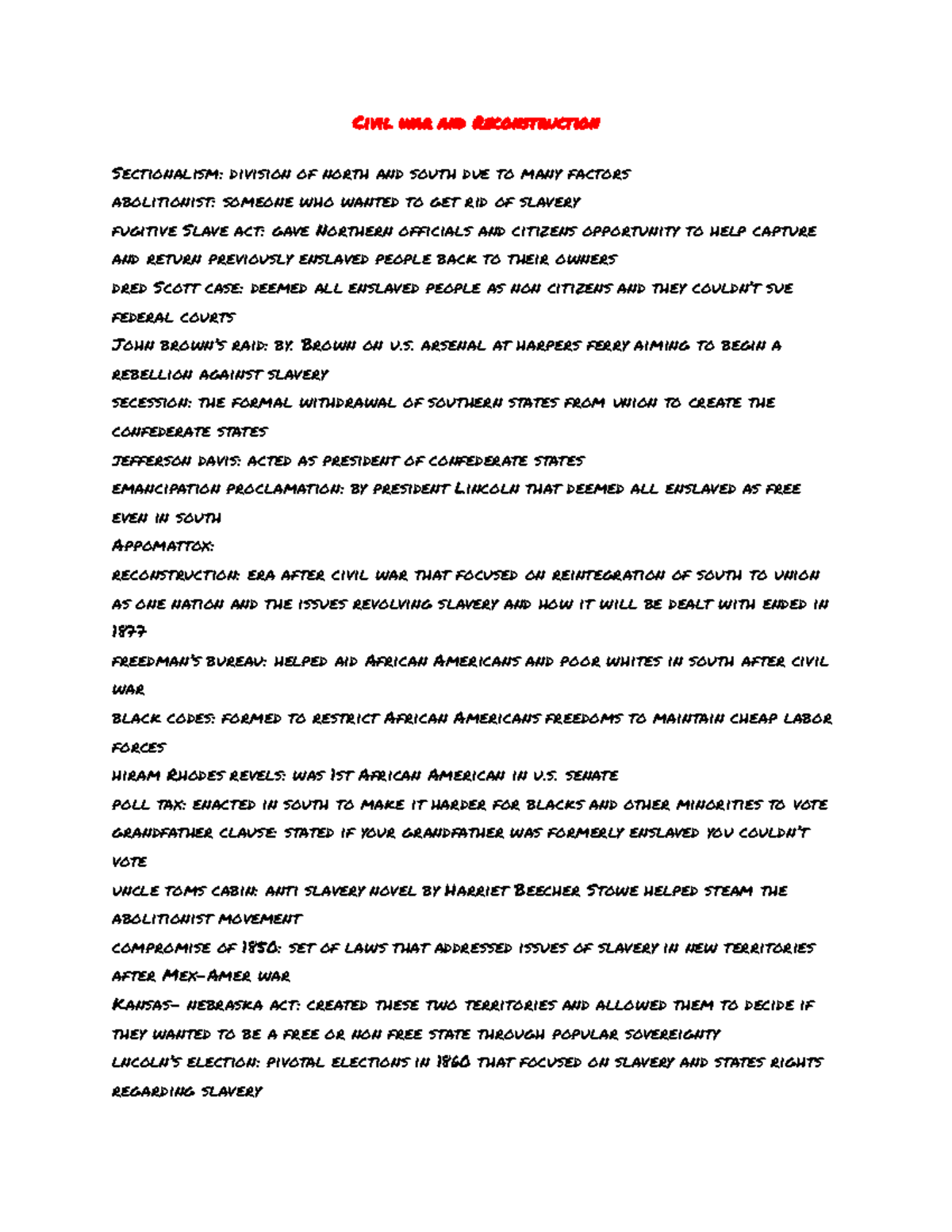 Civil War & Reconstruction Review Notes (Hist 101) - Key Concepts ...