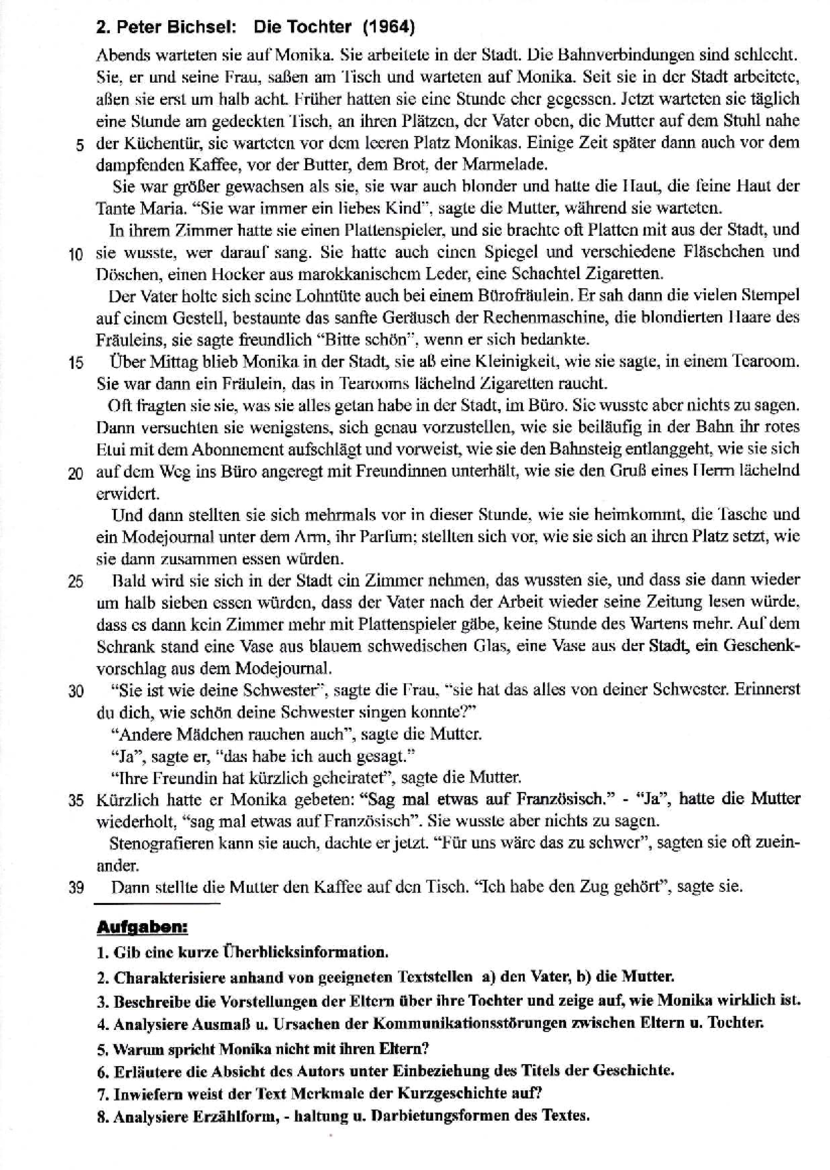 Peter Bichsel: Analyse der Kurzgeschichte "Die Tochter" (1964 ...