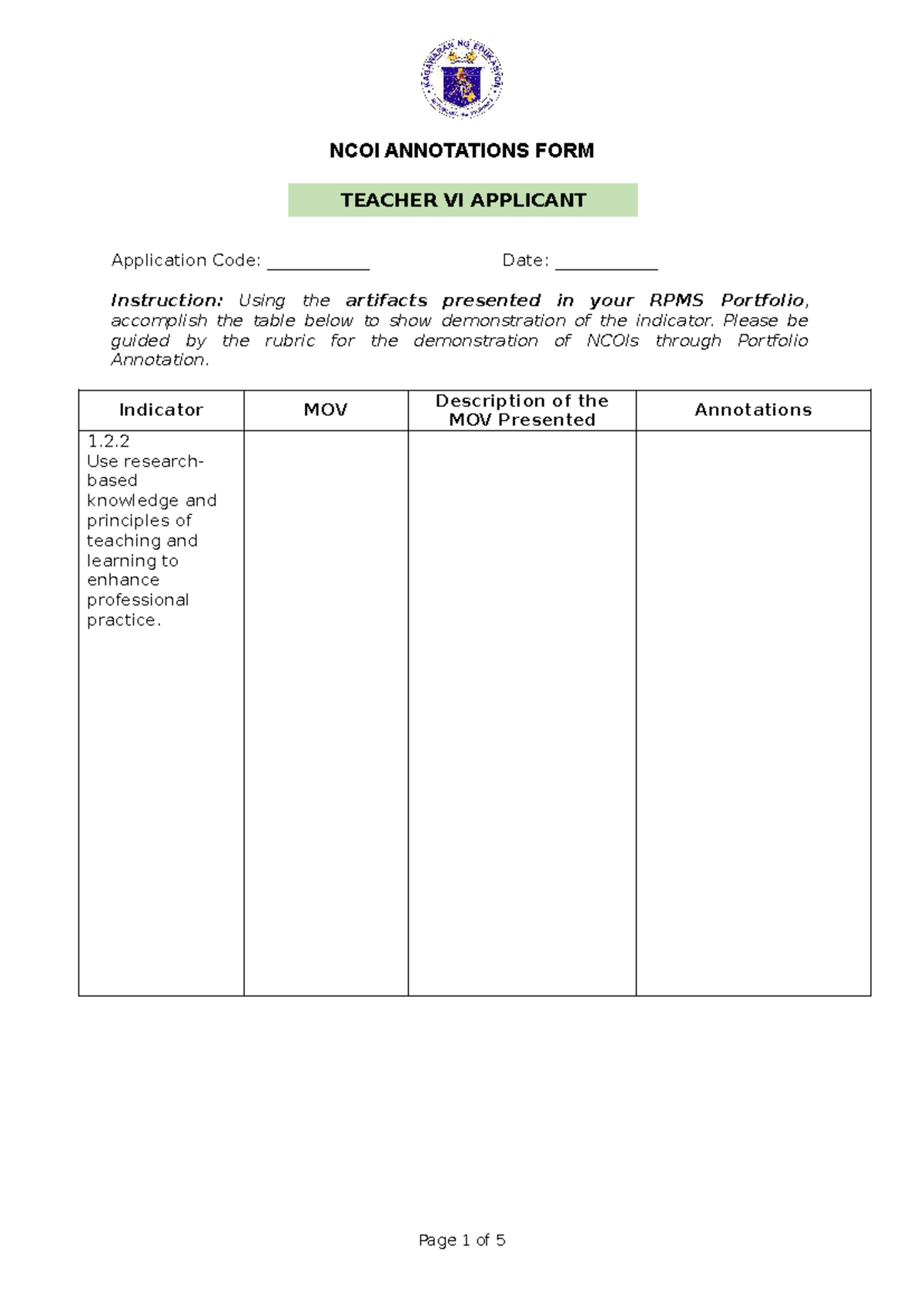 TVI-NCOI Annotations Form for Teacher VI Applicant - Studocu