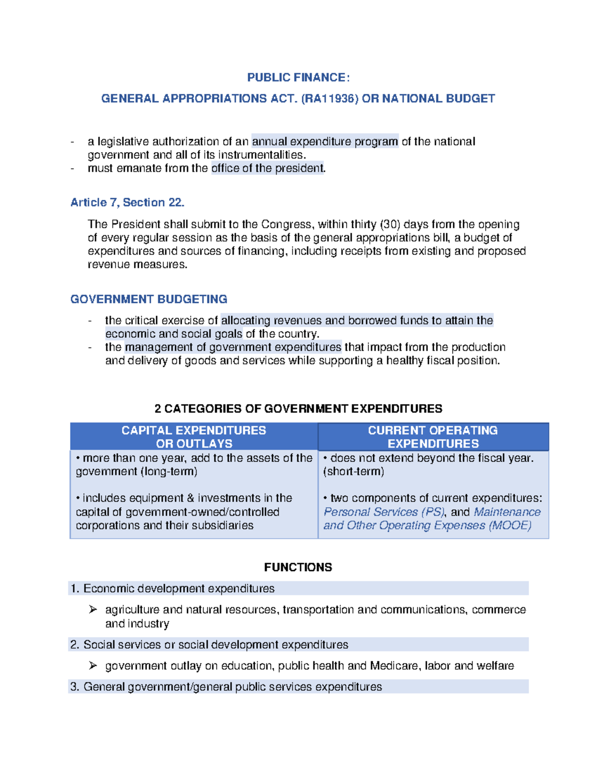 Public Finance: General Appropriations Act (RA11936) Overview - Studocu