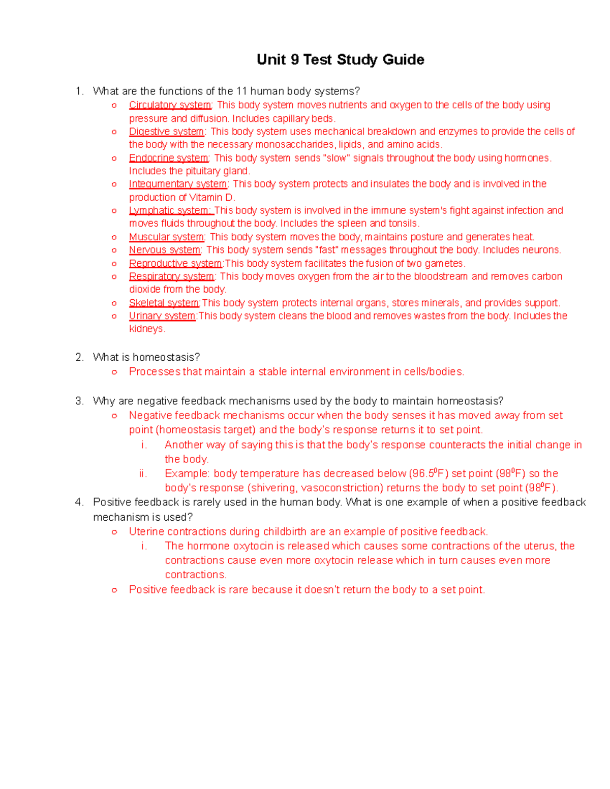 Unit 9 Test Study Guide: Functions of Human Body Systems & Homeostasis ...