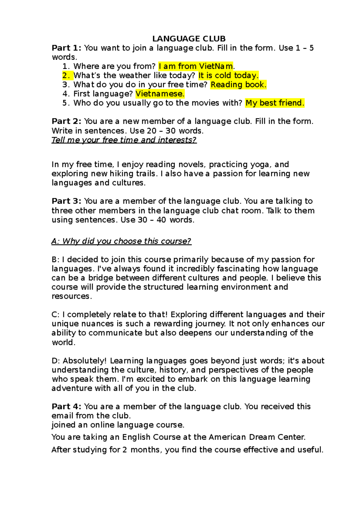 Language-Club-25 - Writing Test and Activities Summary - Studocu