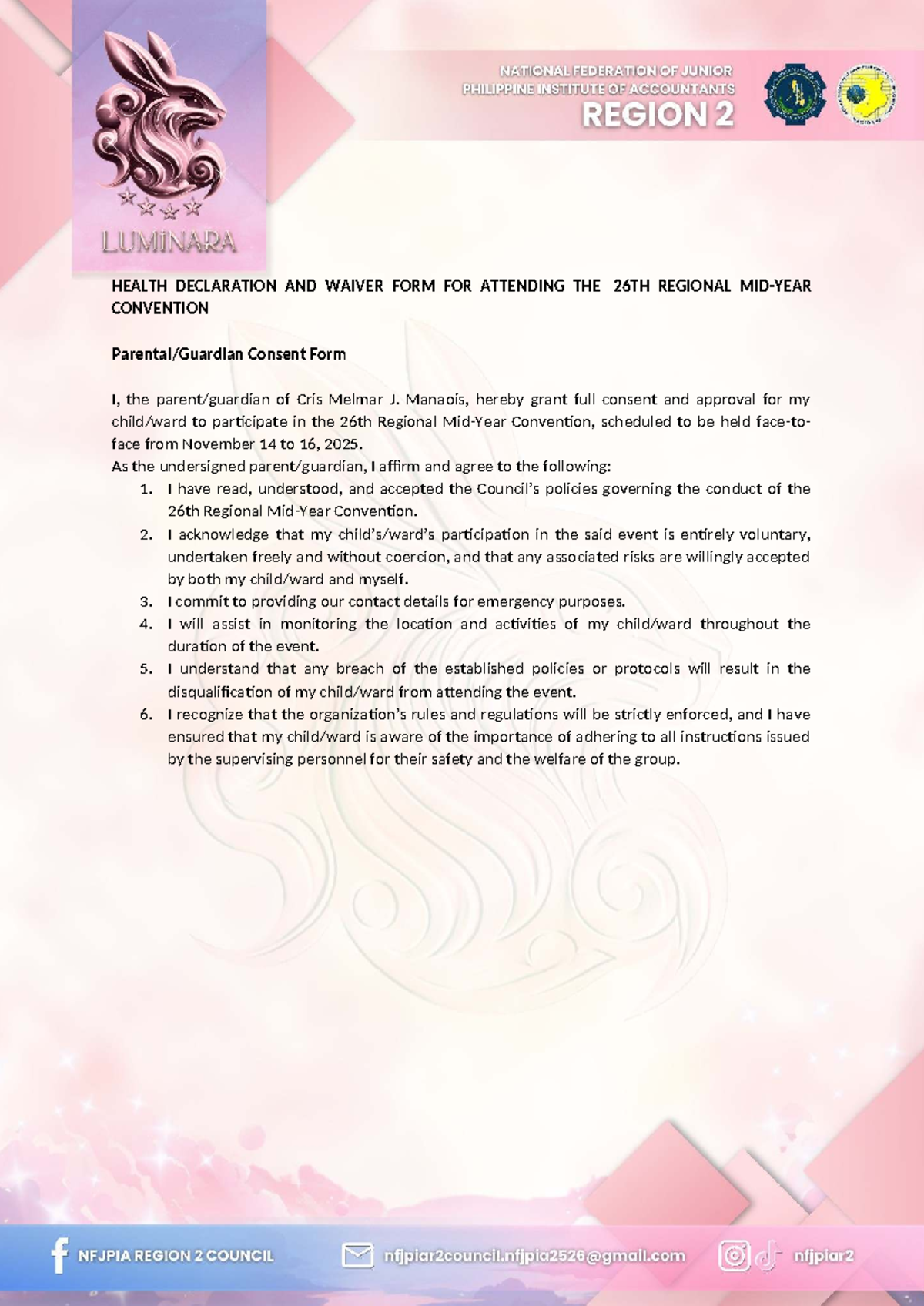 HEALTH DECLARATION & WAIVER FORM FOR 26TH REGIONAL CONVENTION - Studocu