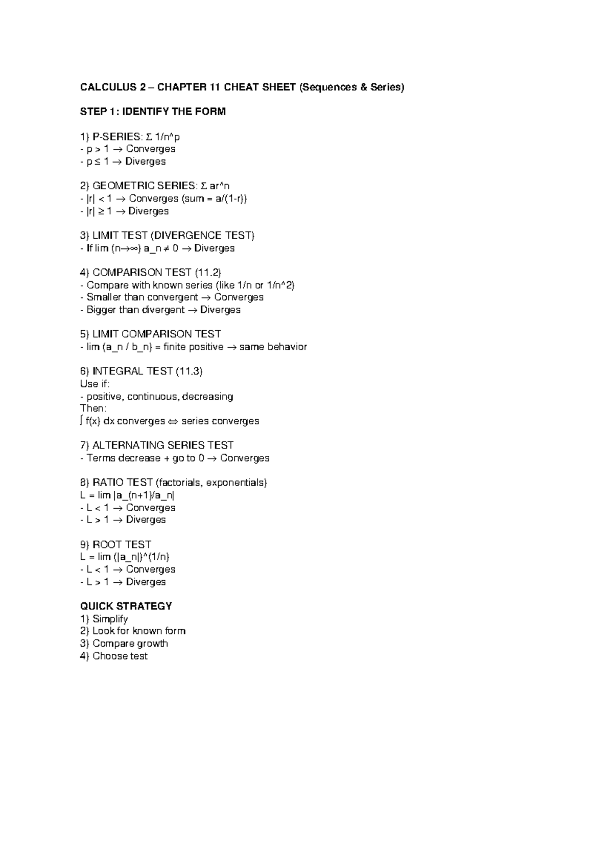CALCULUS 2 CHAPTER 11 CHEAT SHEET (Sequences & Series) - Studocu