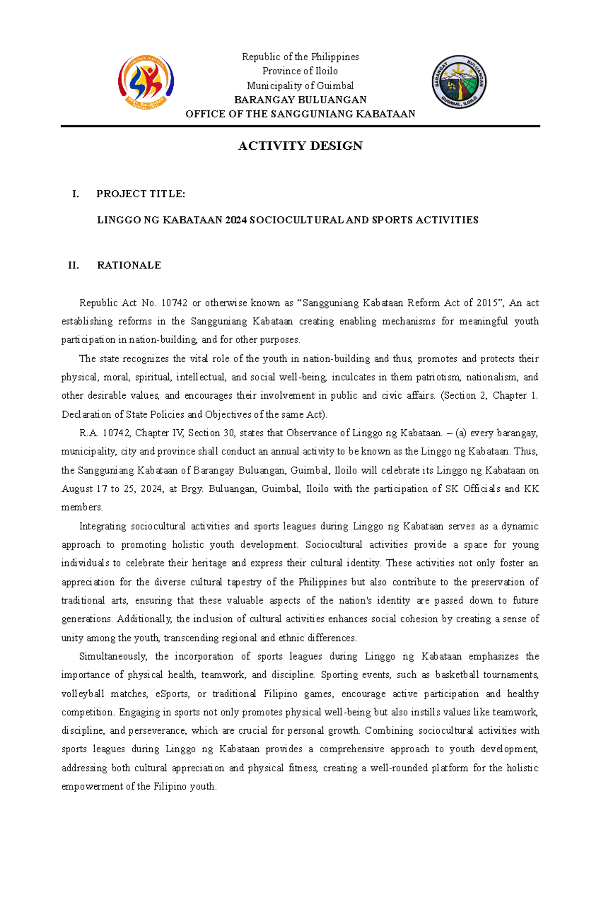 Linggo ng Kabataan 2024: Sociocultural & Sports Activity Design - Studocu